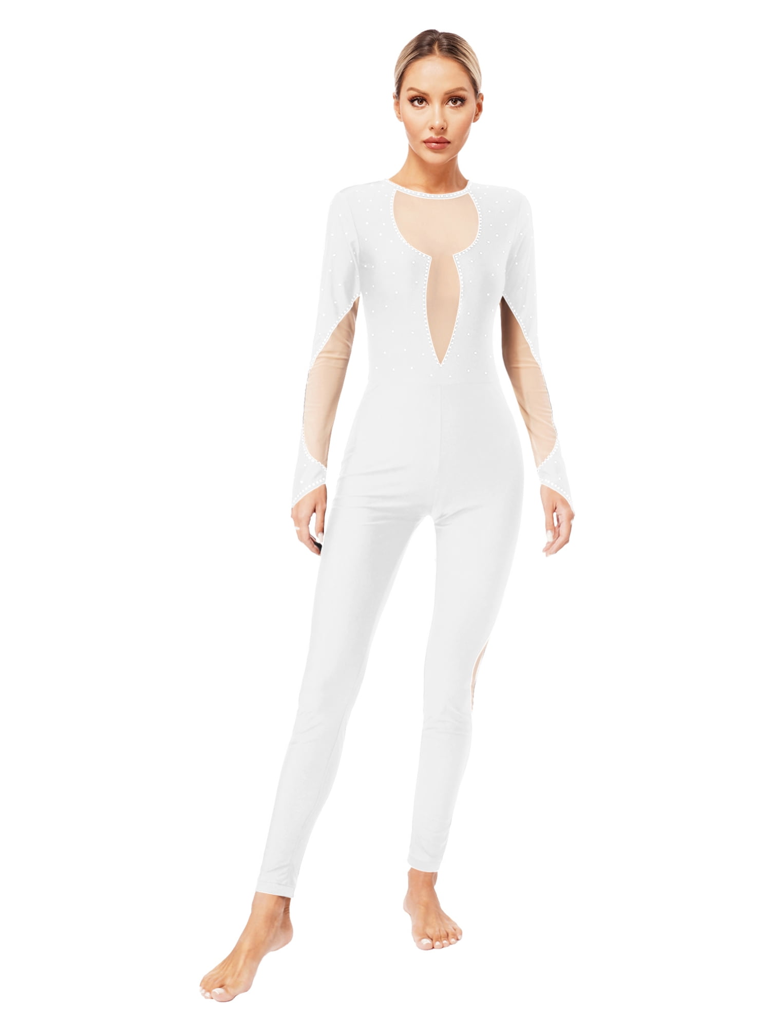 inhzoy Women Shiny Rhinestone Gymnastics Leotard One Piece Full Length Figure Skating Dance ...