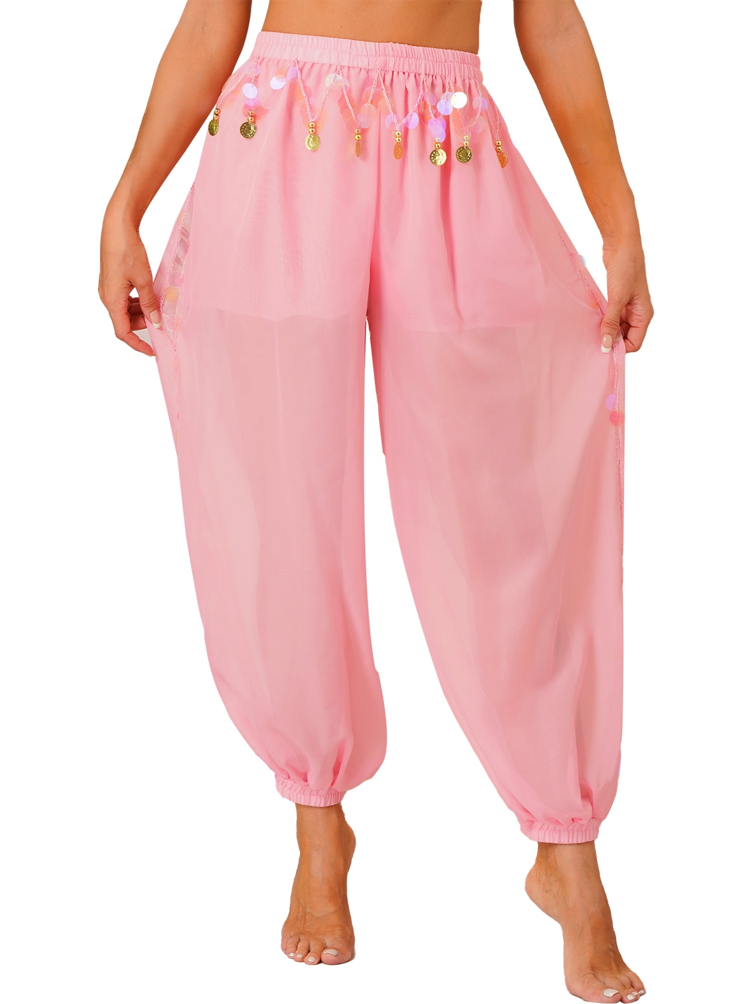 inhzoy Women's Belly Dance Harem Pants Side Split Sequin Shiny Lantern ...
