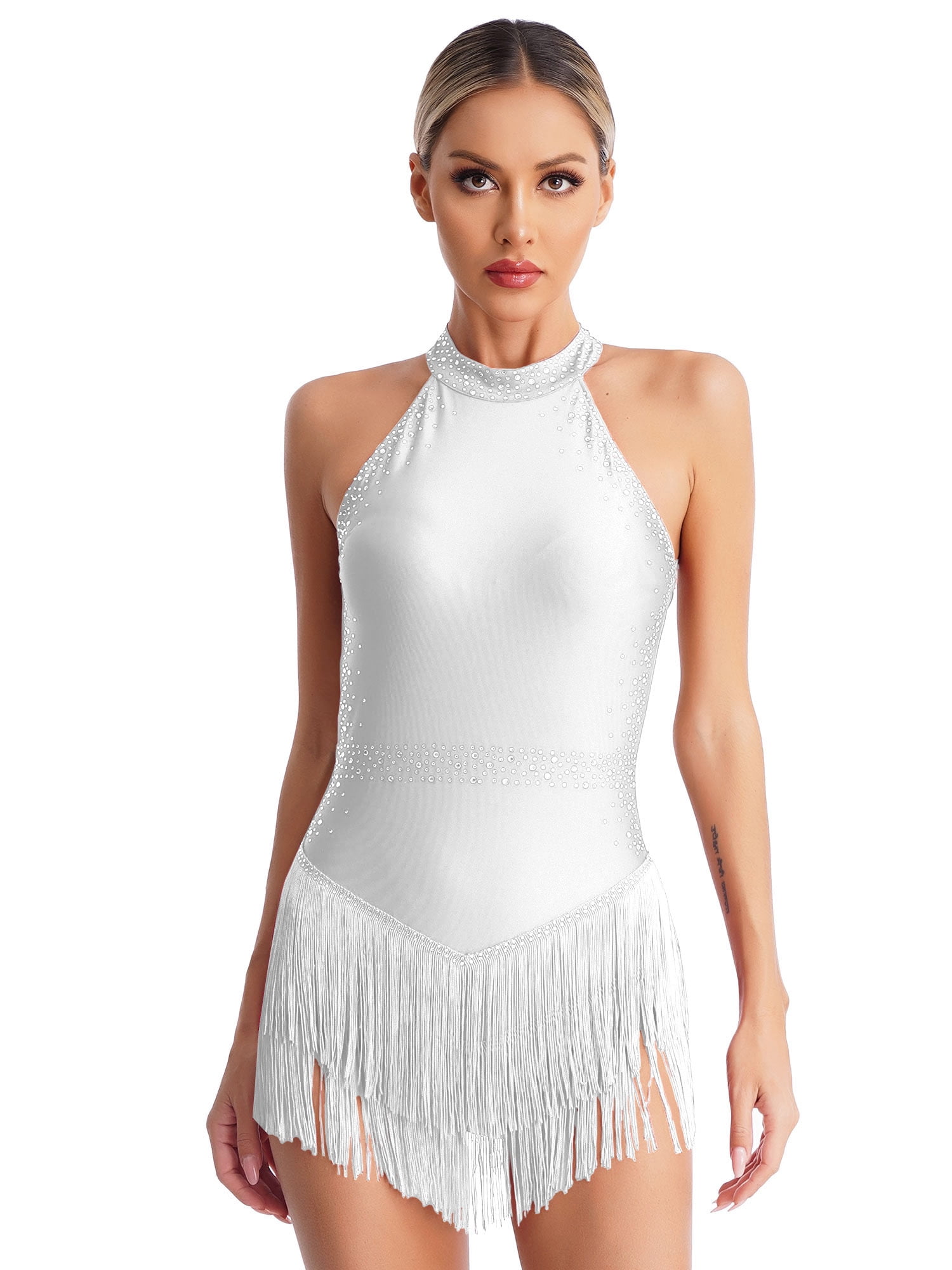 inhzoy Women's Halter Neck Latin Dance Dress Shiny Rhinestones Fringe ...