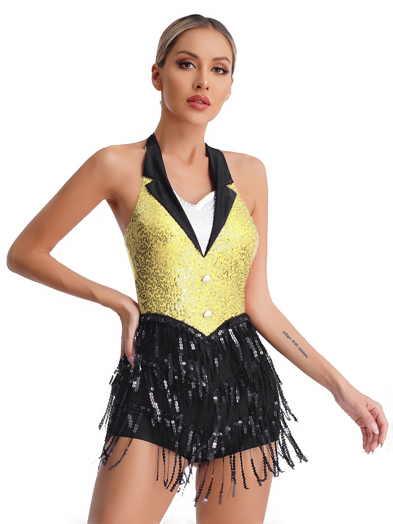 inhzoy Women's Tuxedo Jazz Latin Dance Leotard Dress Sequins Tassels ...