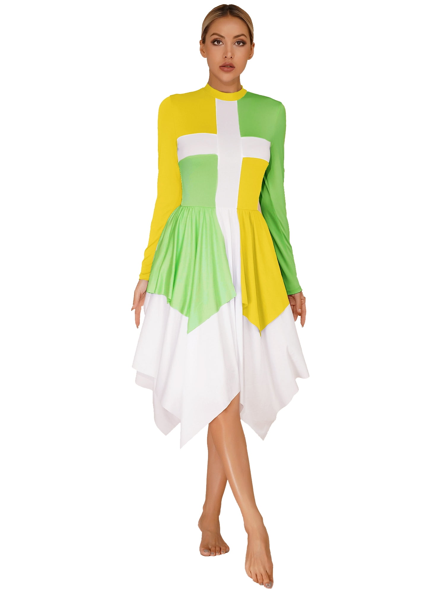 inhzoy Womens Asymmetrical Liturgical Praise Dance Dress Color Block ...
