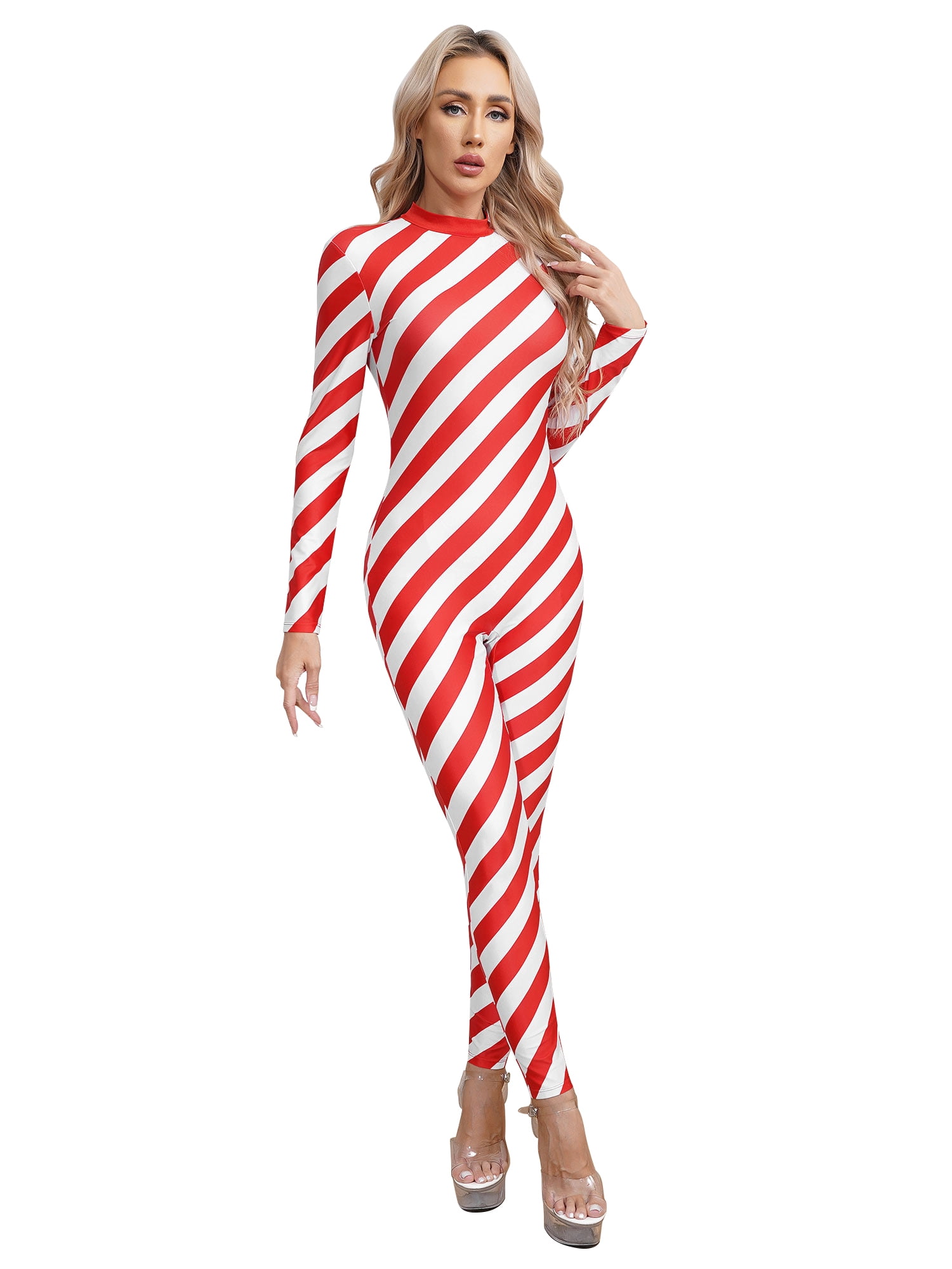 inhzoy Womens Christmas Candy Cane Jumpsuit Long Sleeve Striped ...