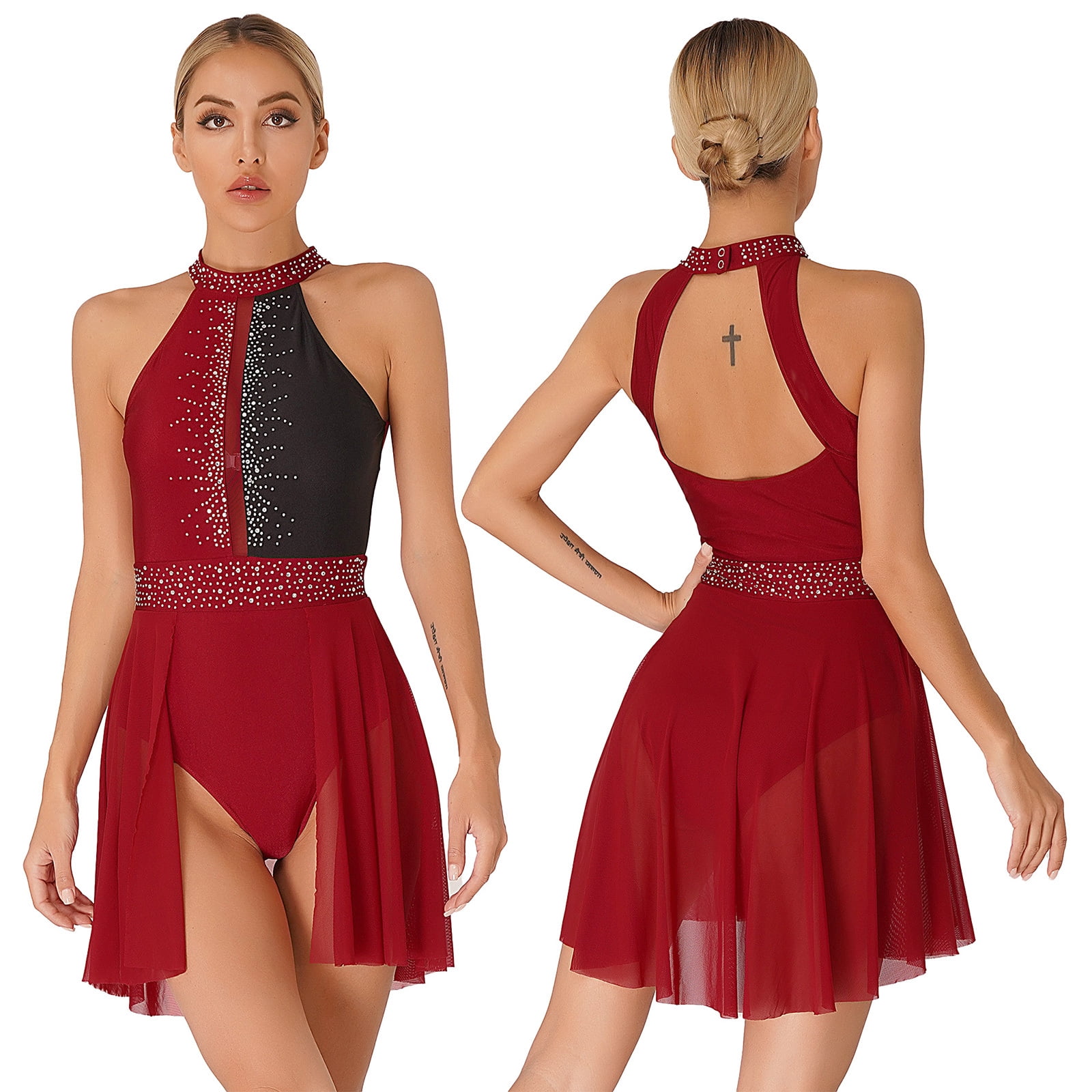 Inhzoy Womens Halter Neck Dance Dress Rhinestone Ballerina Costumes Sleeveless Cutout Back