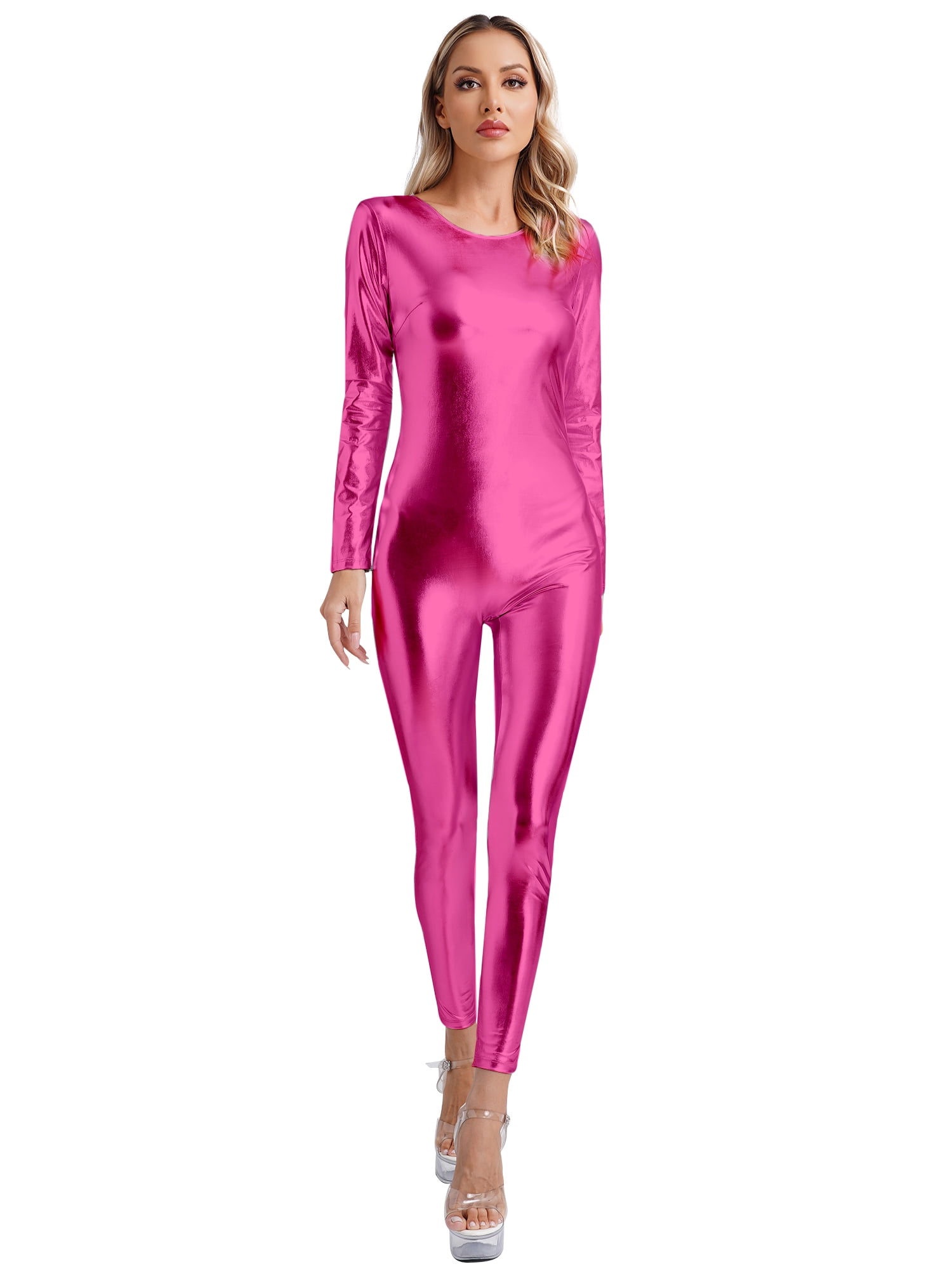 Inhzoy Womens Shiny Metallic Jumpsuit One Piece Long Sleeve Yoga