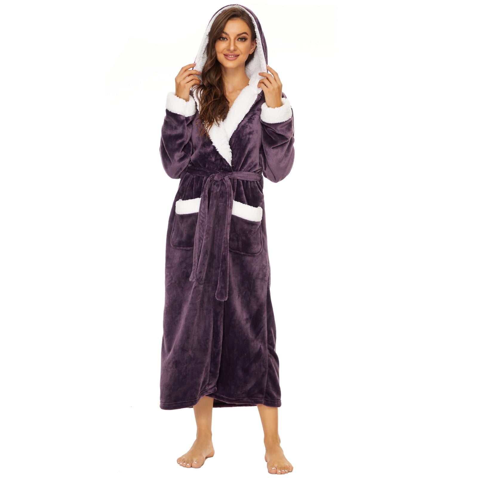 iniber Plush Robes for Women, Womens Hooded Fleece Robe, Fuzzy Fluffy ...