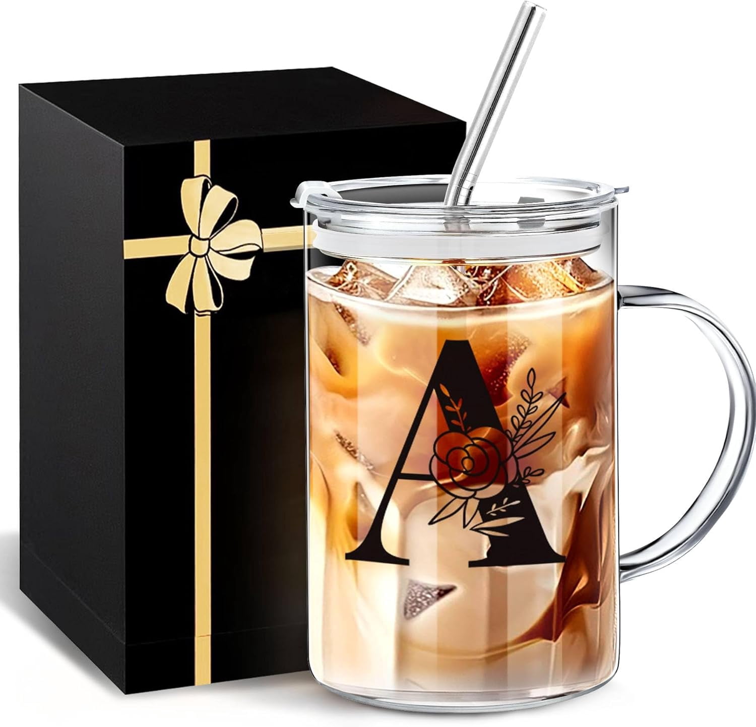 **initial extra large glass drinking cup with lid straw boss gifts for ...