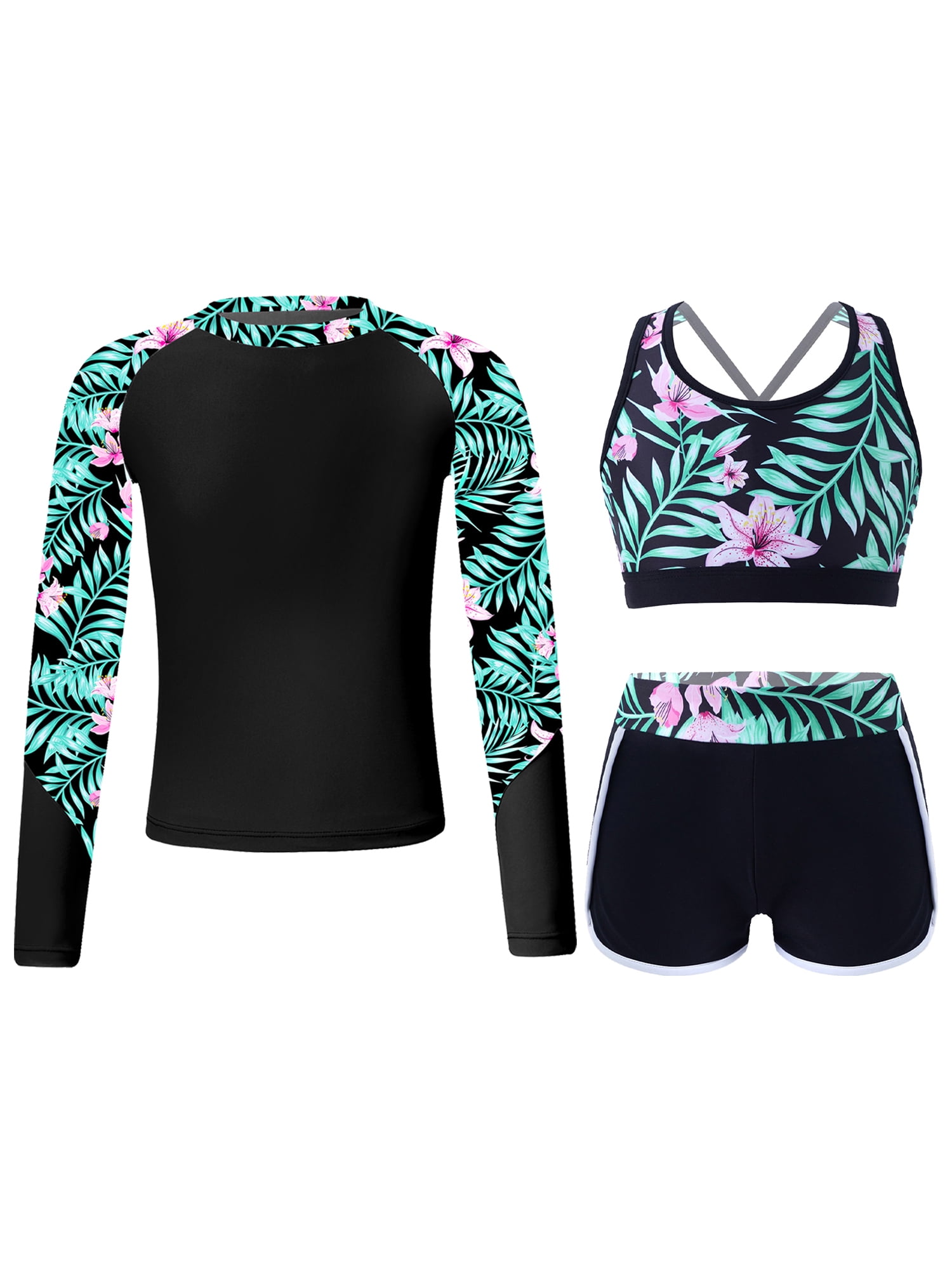 inlzdz Girls 2Pcs Swimsuit Floral Print Tankini Set with Long Sleeve ...