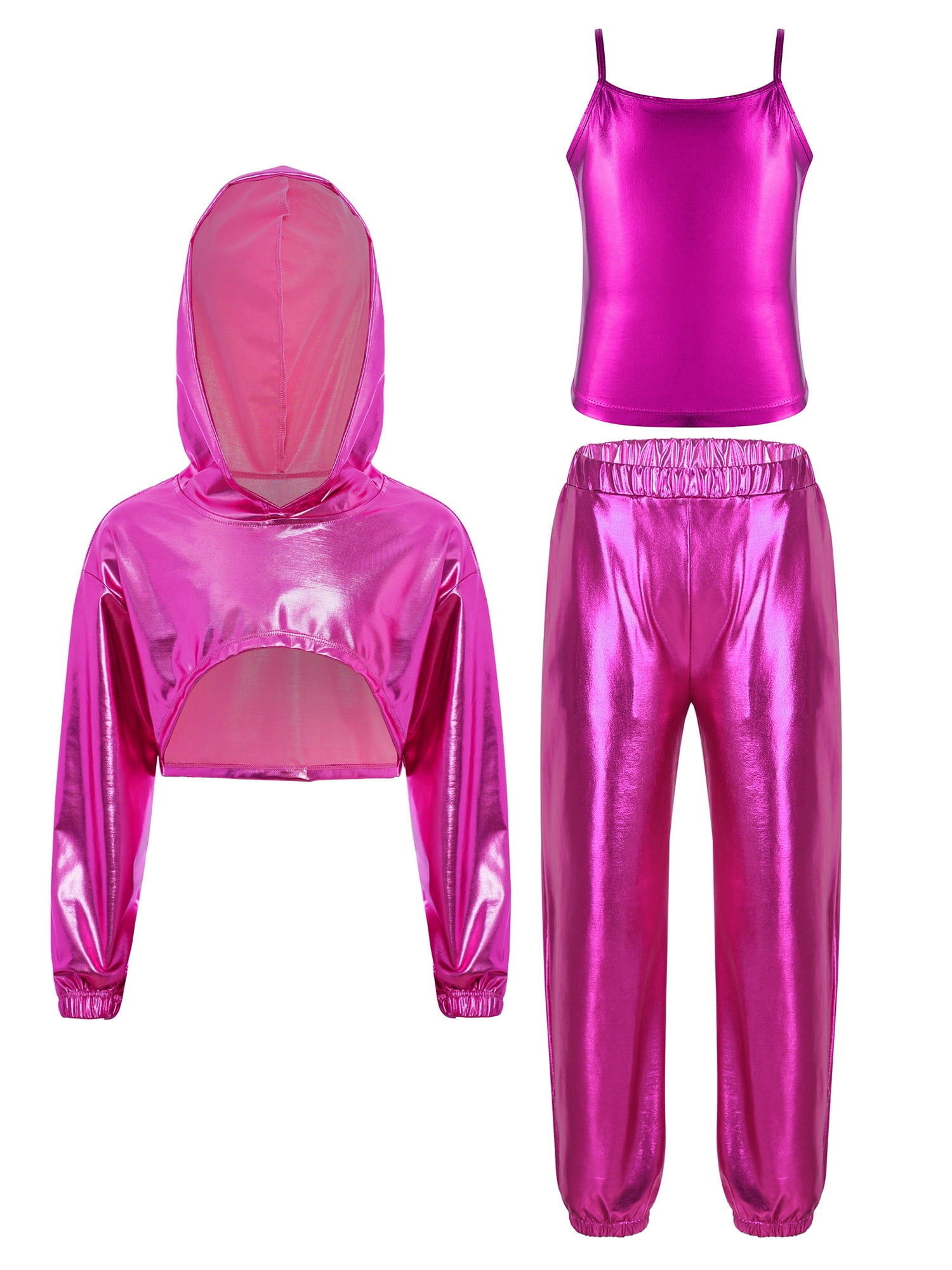 inlzdz Girls 3Pcs Popular Singer Outfits Metallic Cropped Hoodie Tank ...