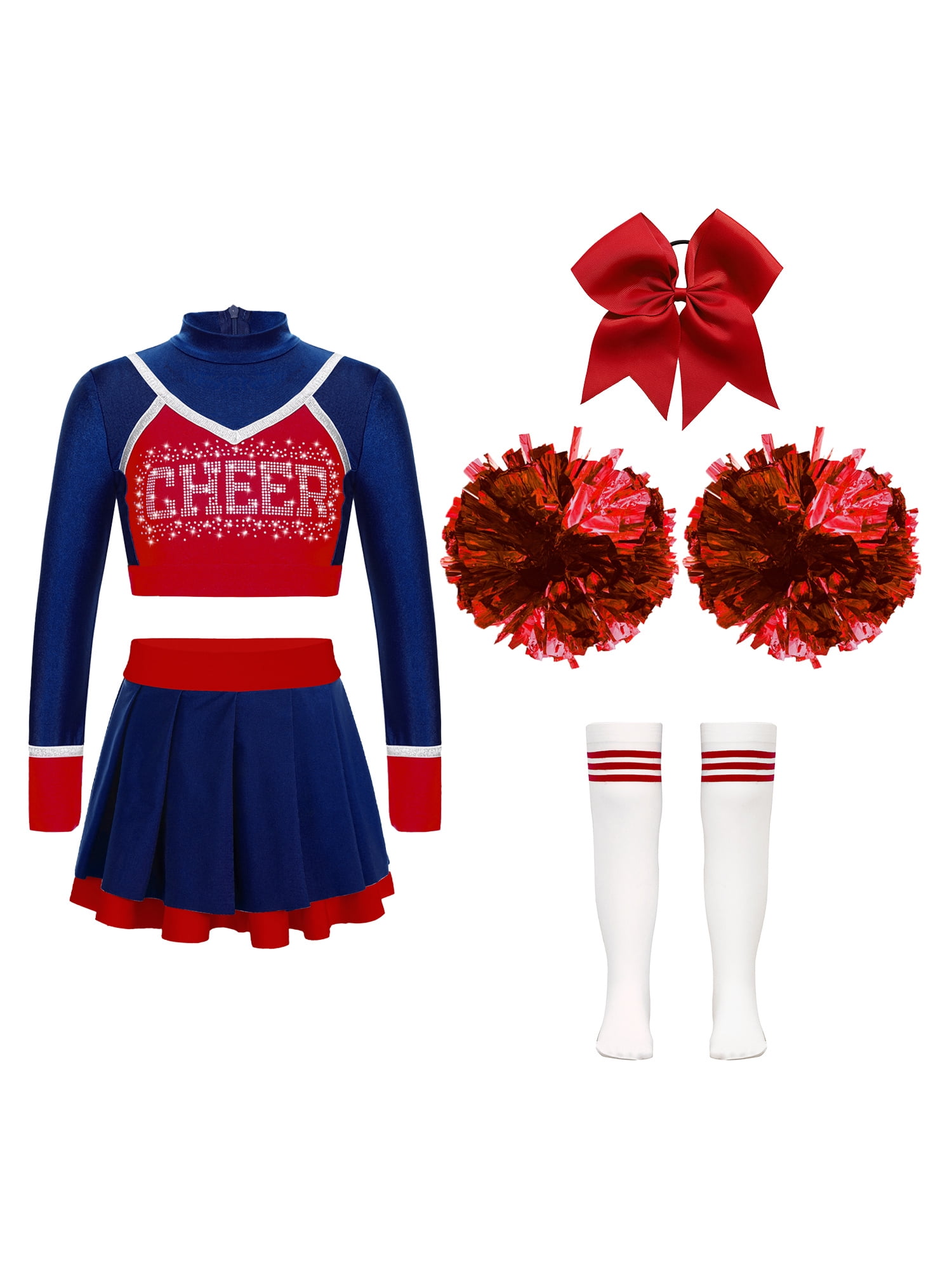 inlzdz Girls Cheer Leader Dance Costume Set Shiny Long Sleeve Crop Top ...