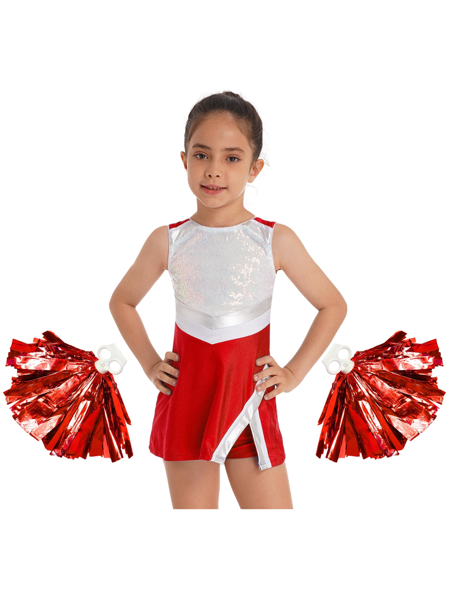 inlzdz Sparkle Cheerleading Outfit for Girls Teen Cheer Leader Uniform Dance Dress with Pom Poms ...