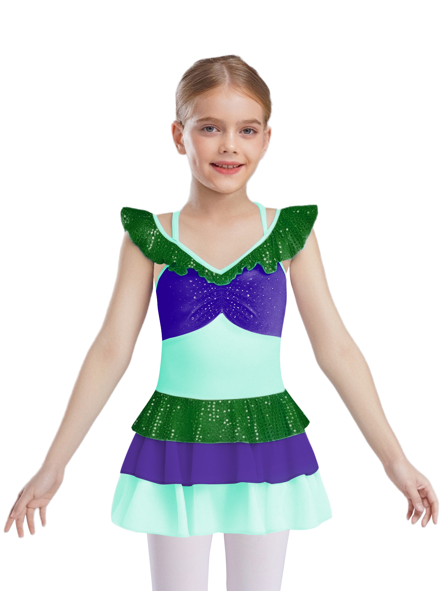 inlzdz Girls Figure Skating Dress Sleeveless Tiered Ruffled Mermaid ...