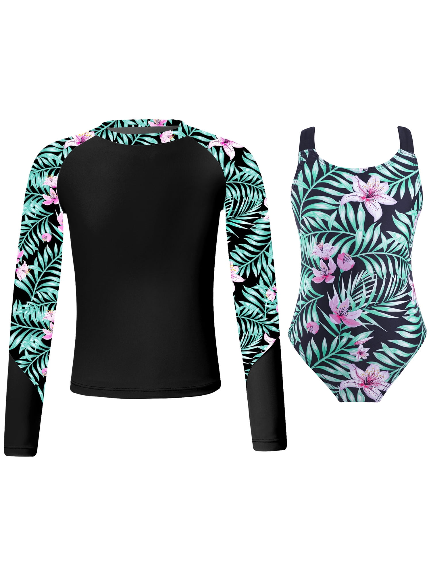 inlzdz Girls Floral Swimsuit One Piece Bathing Suit with Long Sleeve ...