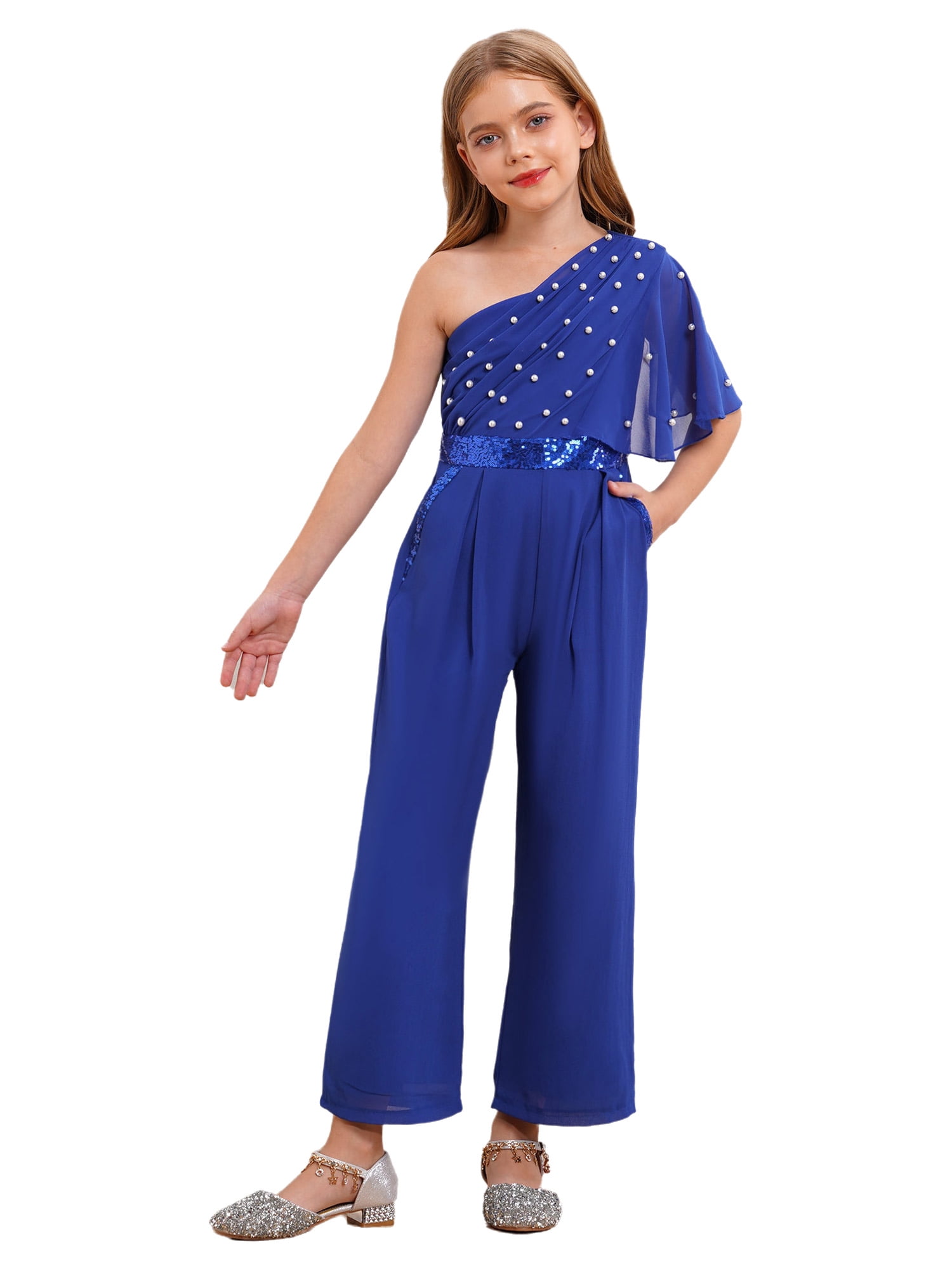 inlzdz Girls Formal Jumpsuit Elegant Beaded One Shoulder Wide Leg ...