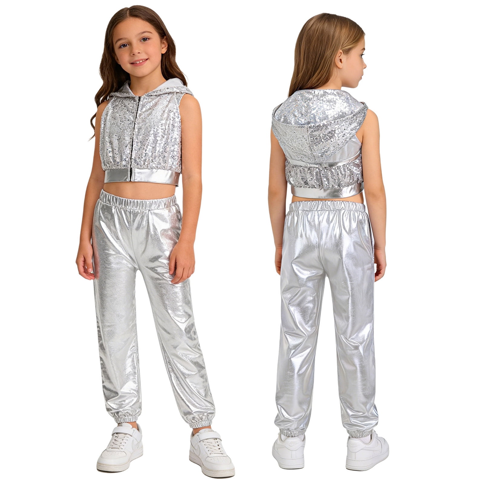 inlzdz Girls Hip-Hop Jazz Modern Dance Sets Sleeveless Sparkly Sequins ...