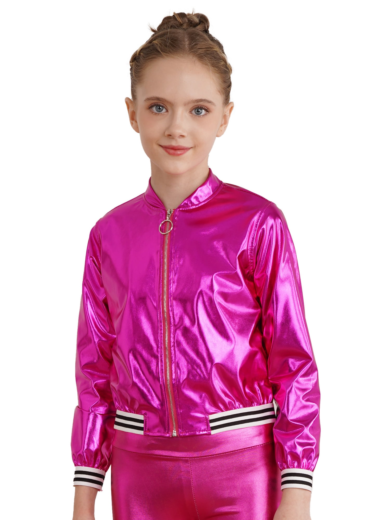 inlzdz Girls Long Sleeve Metallic Bomber Jacket Coat for Hip Hop Jazz ...