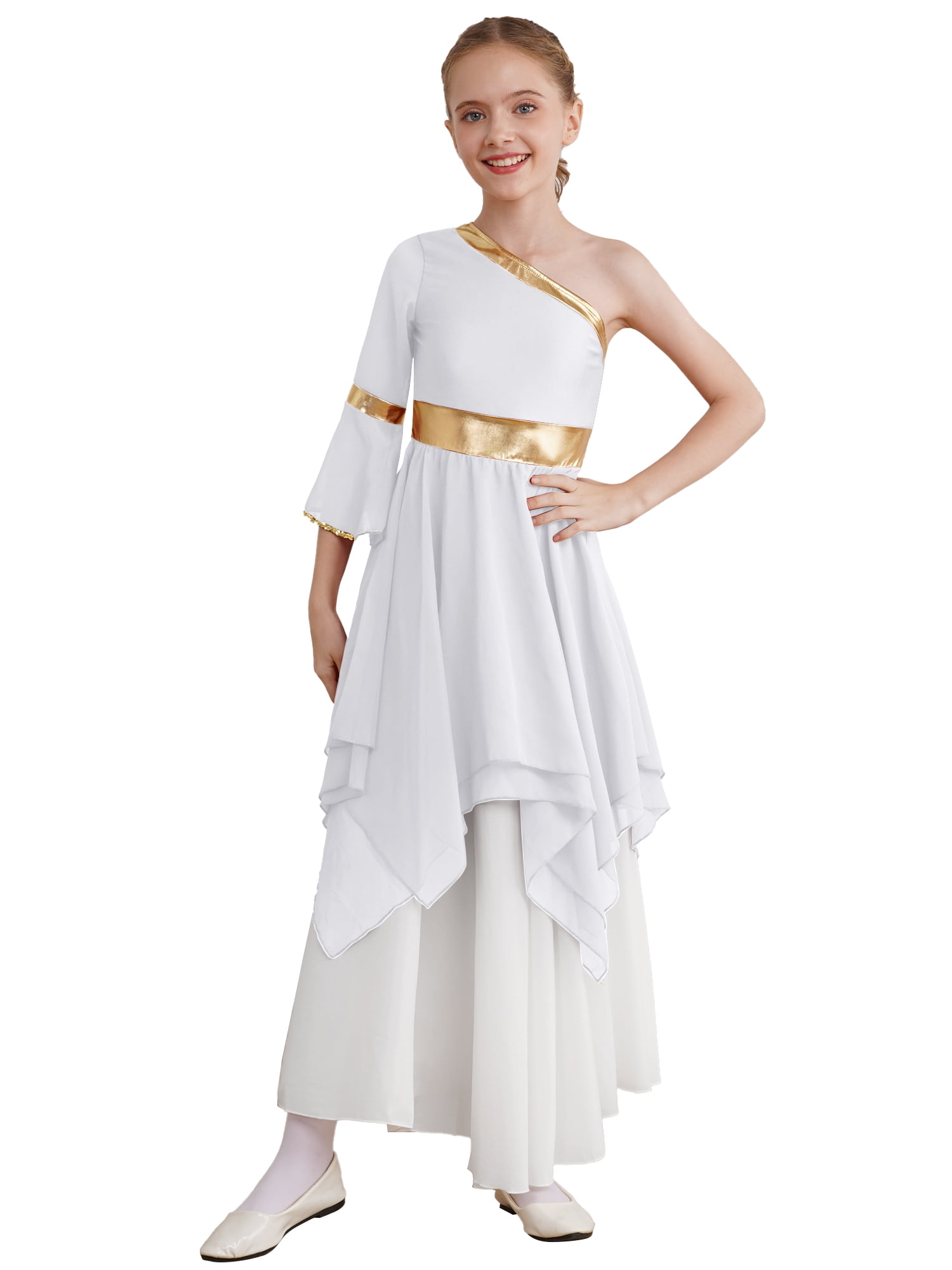 inlzdz Girls One Shoulder Lyrical Dance Costume Praise Dance Tunic ...