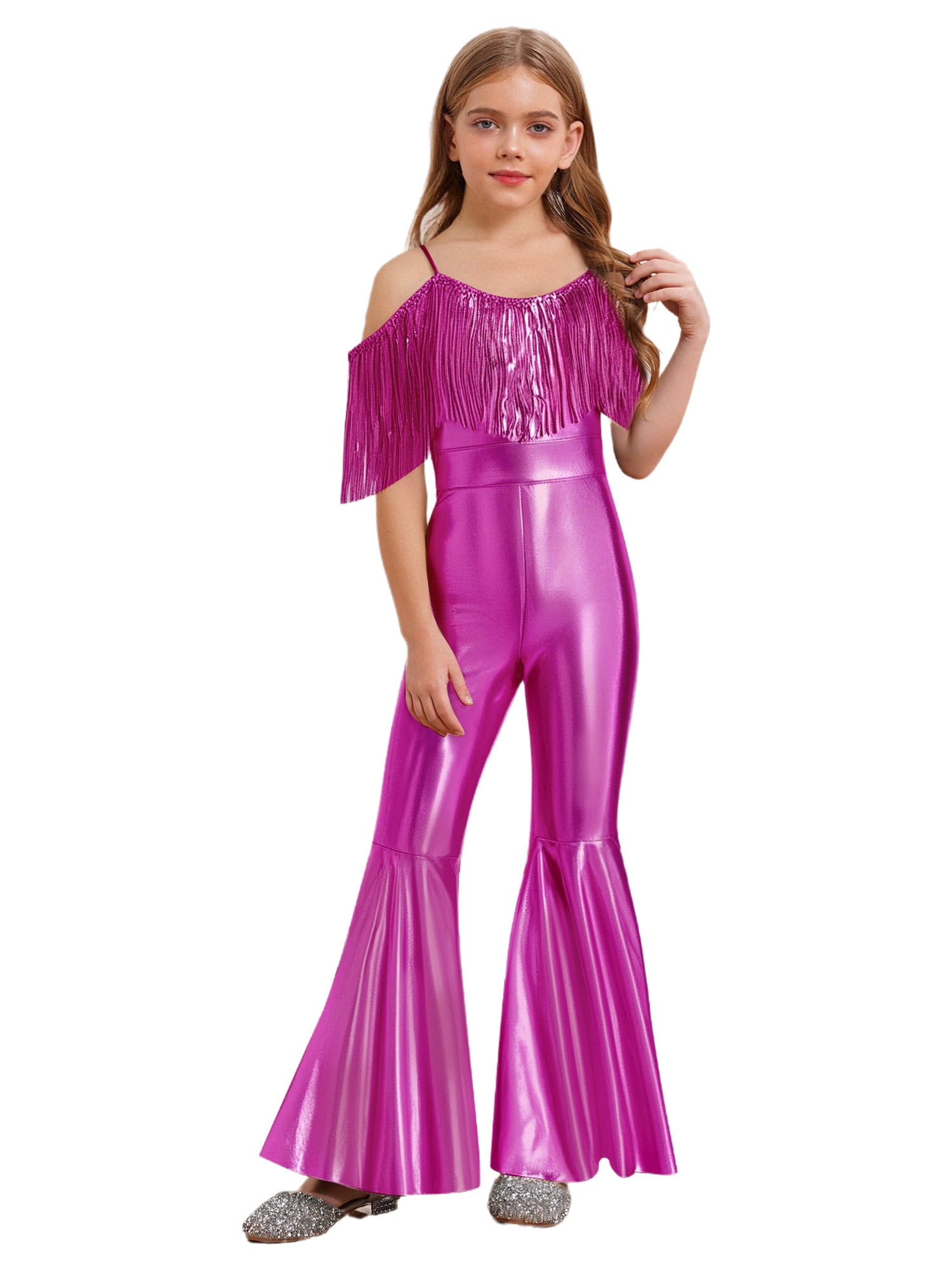 inlzdz Girls Sequin Fringe Romper Sparkly Glitter Metallic Flared ...