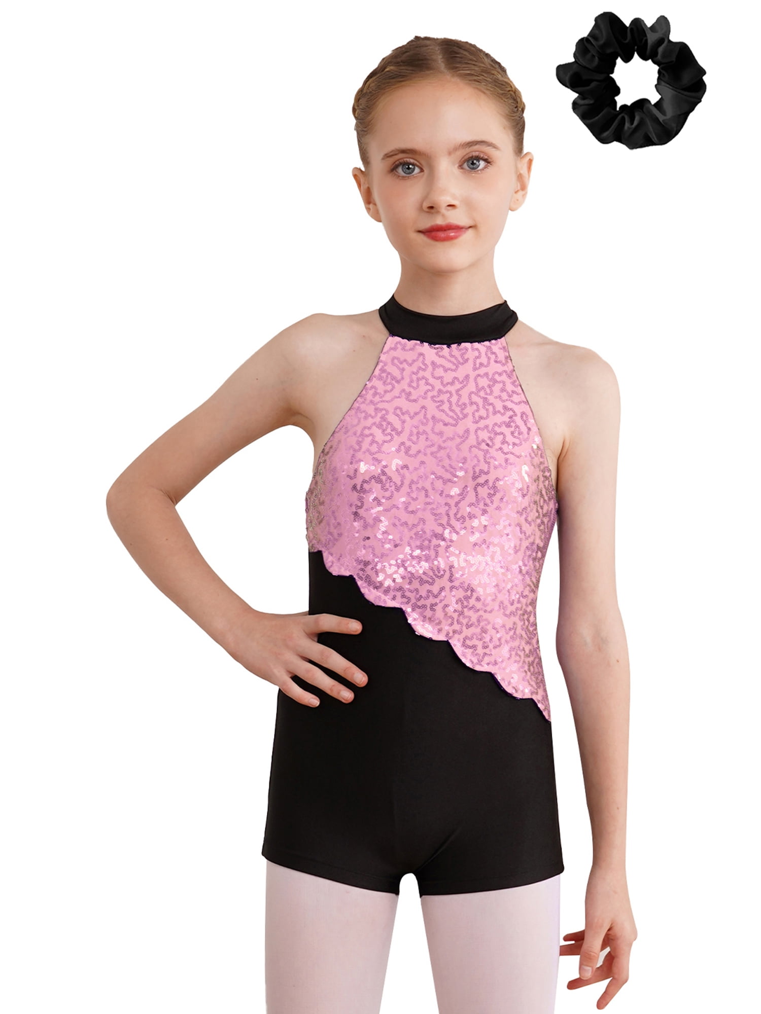 inlzdz Girls Sequined Halter Ballet Leotards for Gymnastics Bodysuit ...