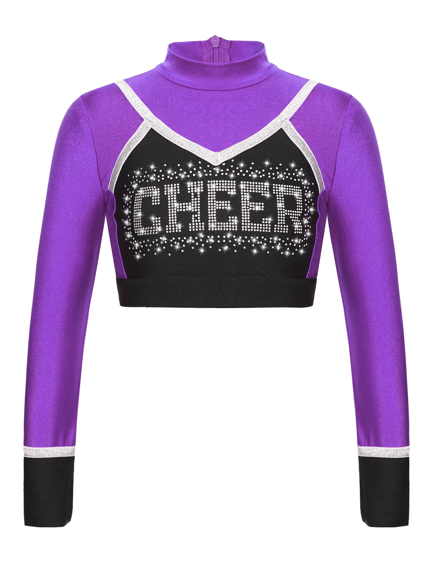 inlzdz Girls Shiny Rhinestone Long Sleeve Mock Neck Cheerleading Dance Crop Tops Purple 14 ...