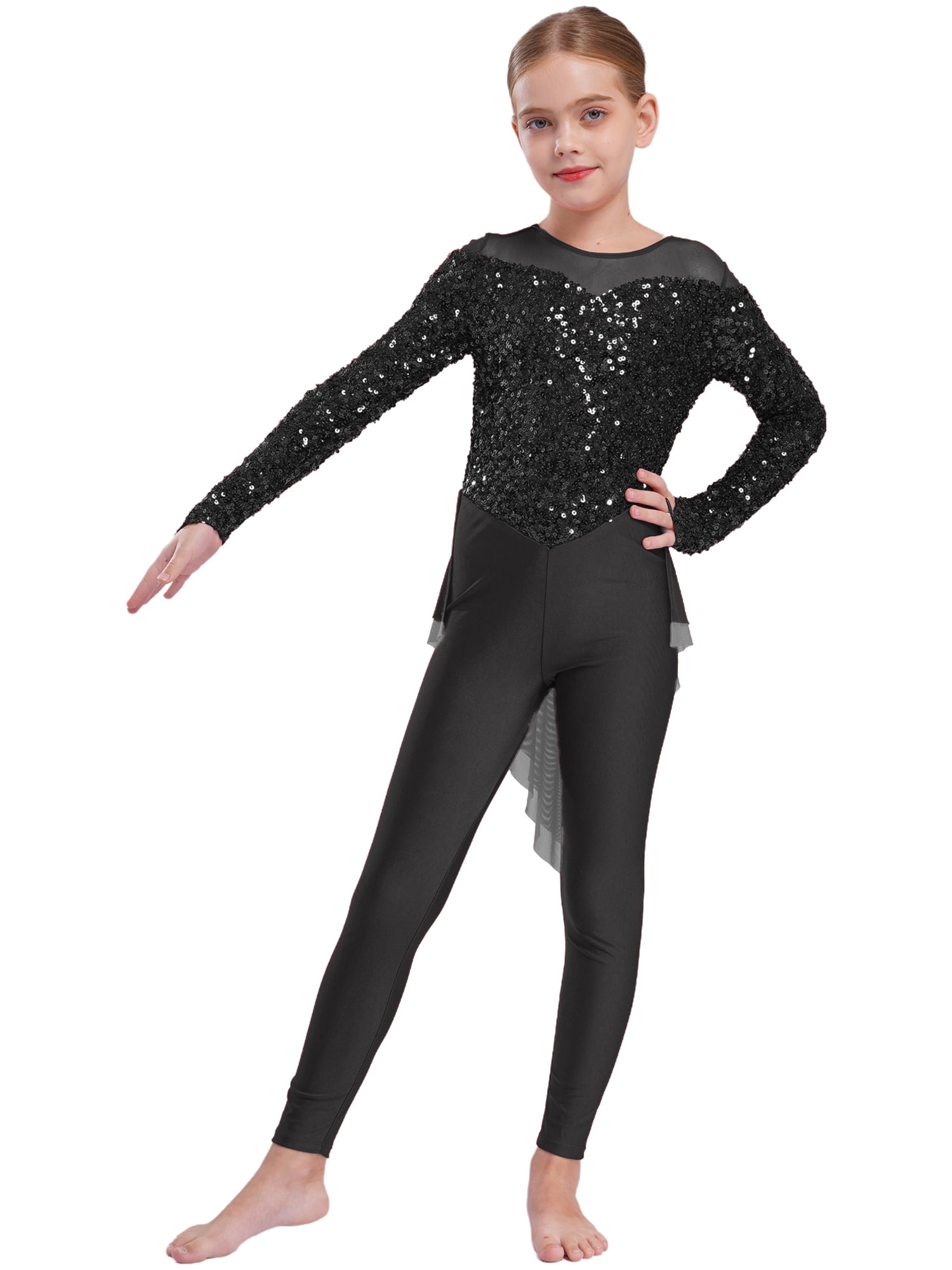 inlzdz Girls Shiny Sequins Jumpsuit Full Body Unitard with Flowy Skirt ...