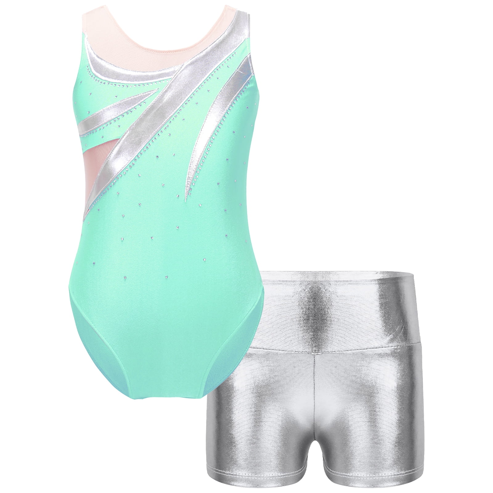 inlzdz Girls Sleeveless Gymnastics Leotard with Tumbling Shorts Shiny ...