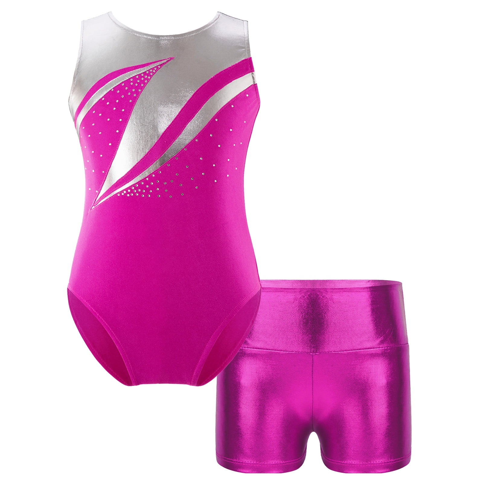 inlzdz Girls Sleeveless Gymnastics Leotard with Tumbling Shorts Shiny ...