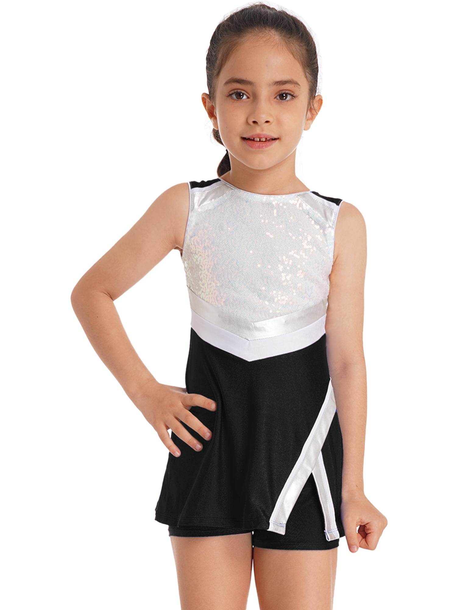 inlzdz Kids 2 Piece Cheerleading Outfit Cheer Leader Uniform Girls Sleeveless Shiny Dress and ...
