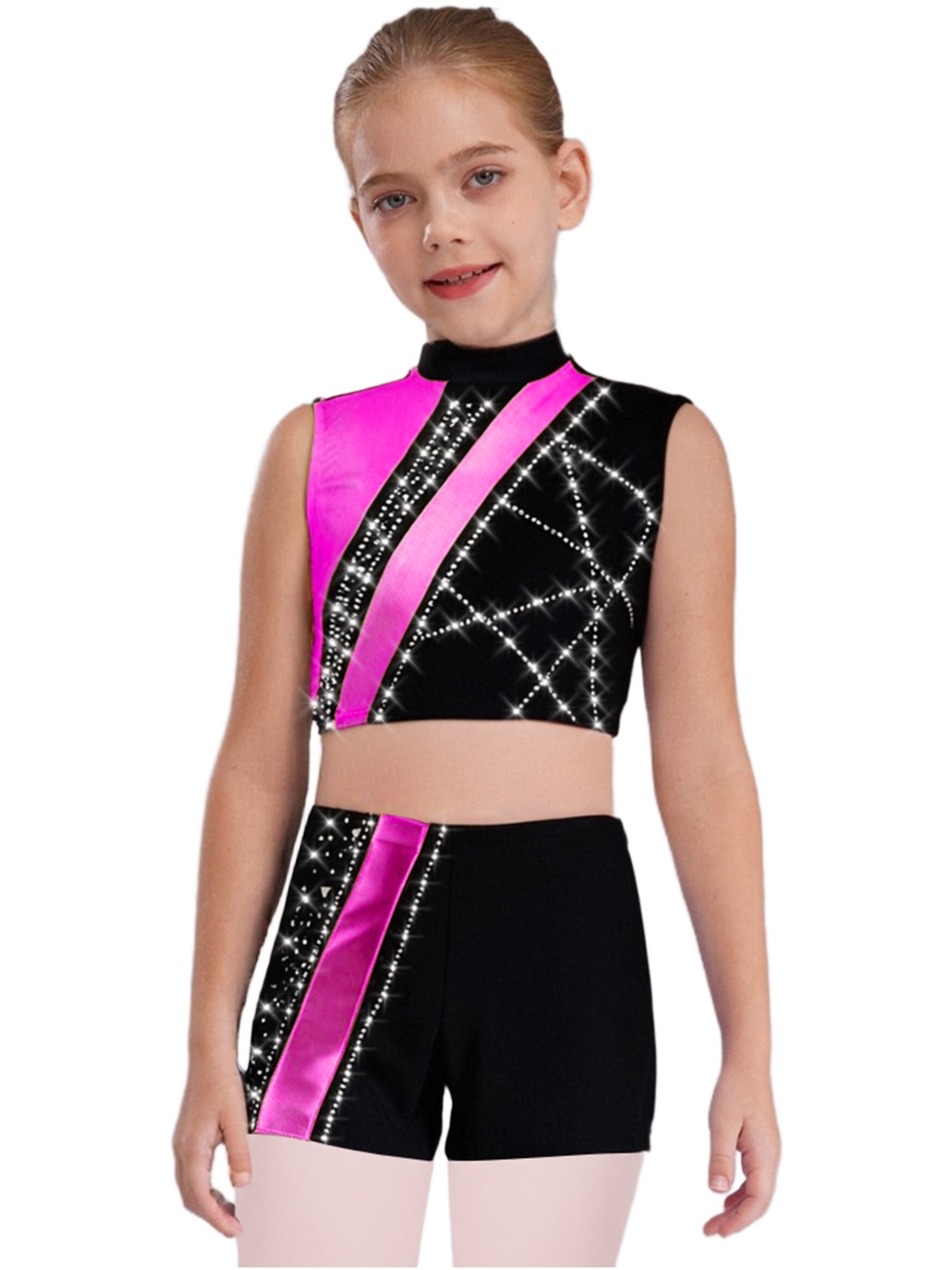 inlzdz Kids Girls 2 Piece Gymnastics Outfits Shiny Metallic Crop Tank ...
