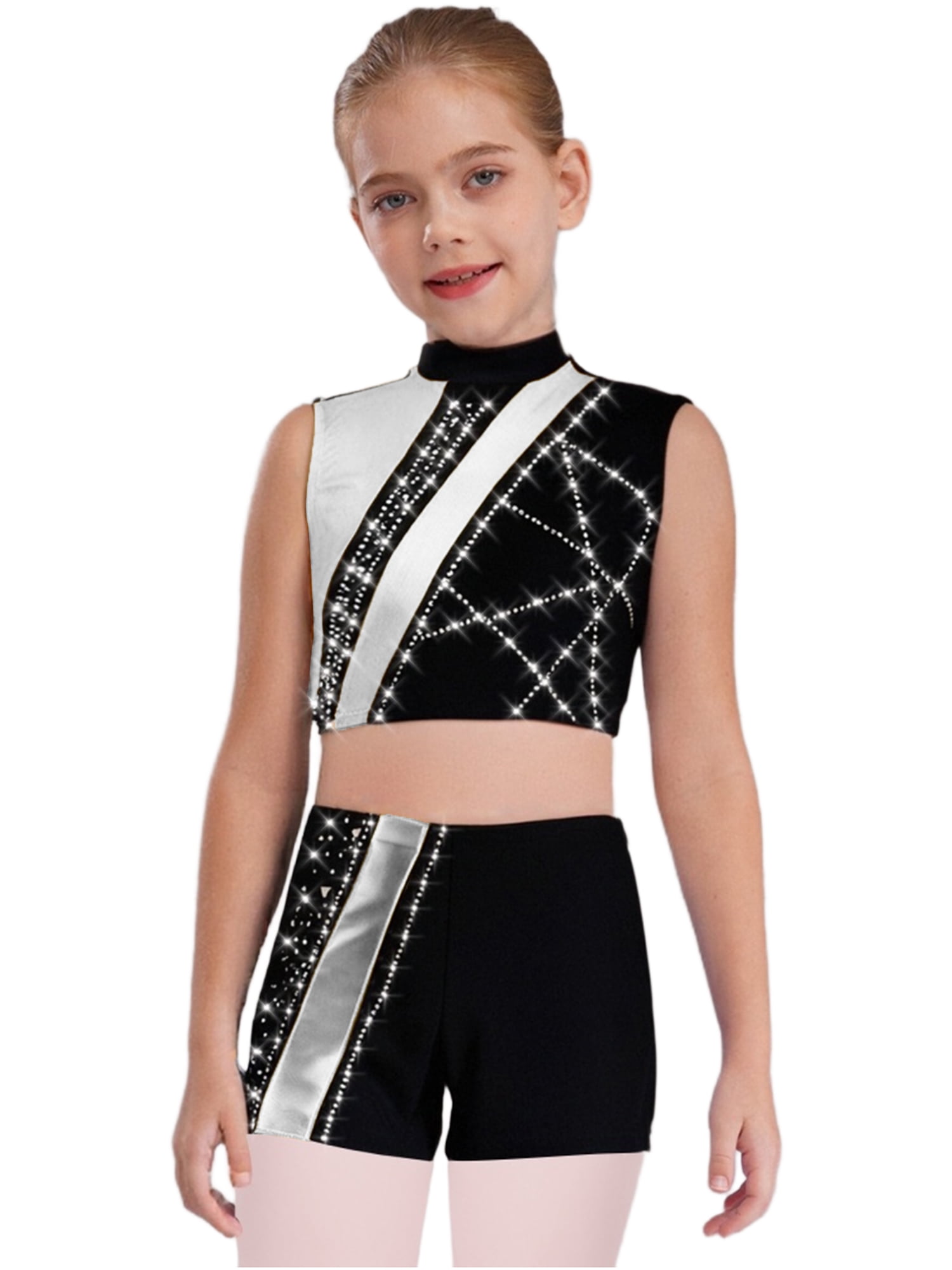 inlzdz Kids Girls 2 Piece Gymnastics Outfits Shiny Metallic Crop Tank ...