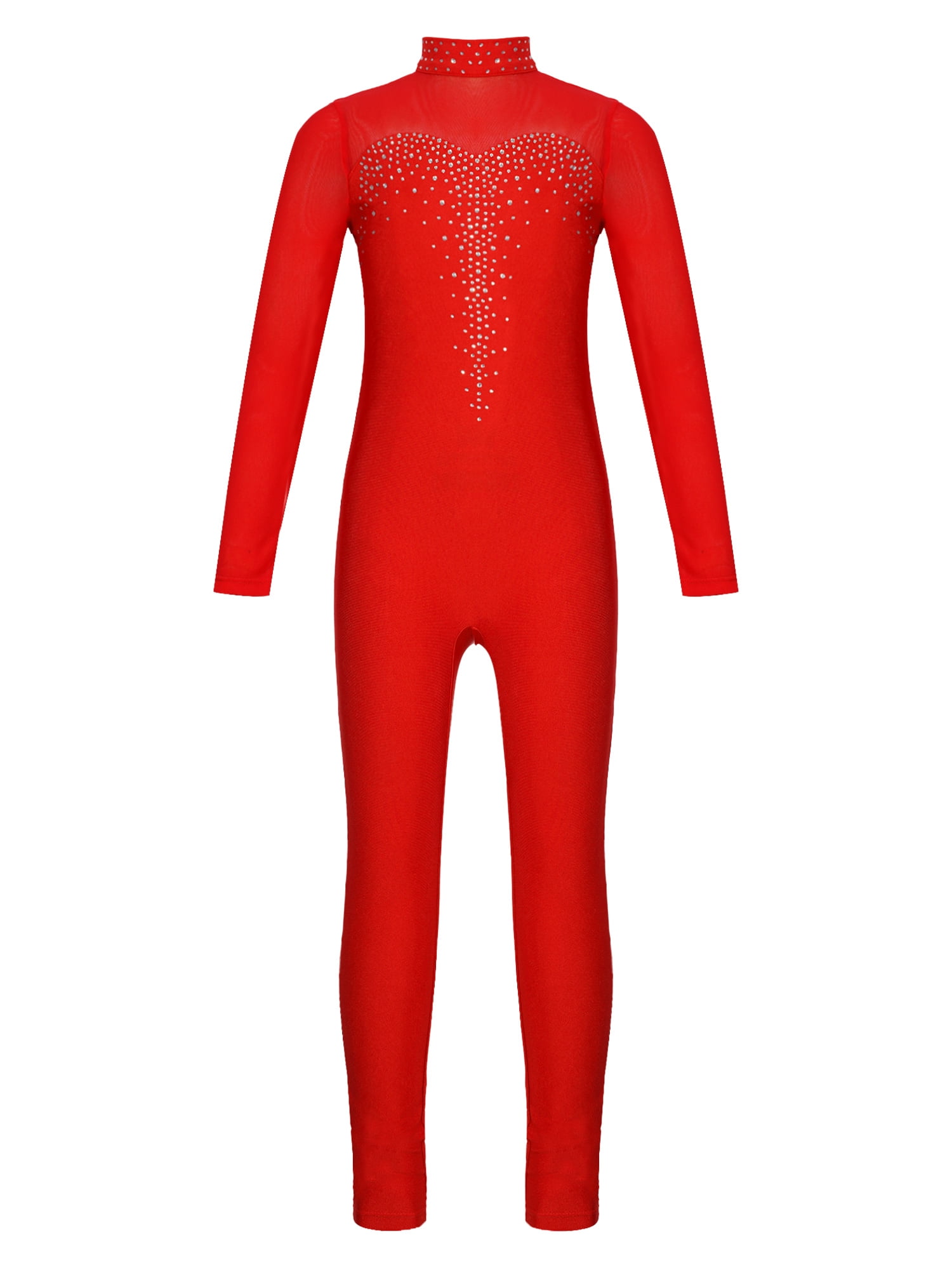 inlzdz Kids Girls Long Sleeve Rhinestone Gymnastic Leotard Full Body ...