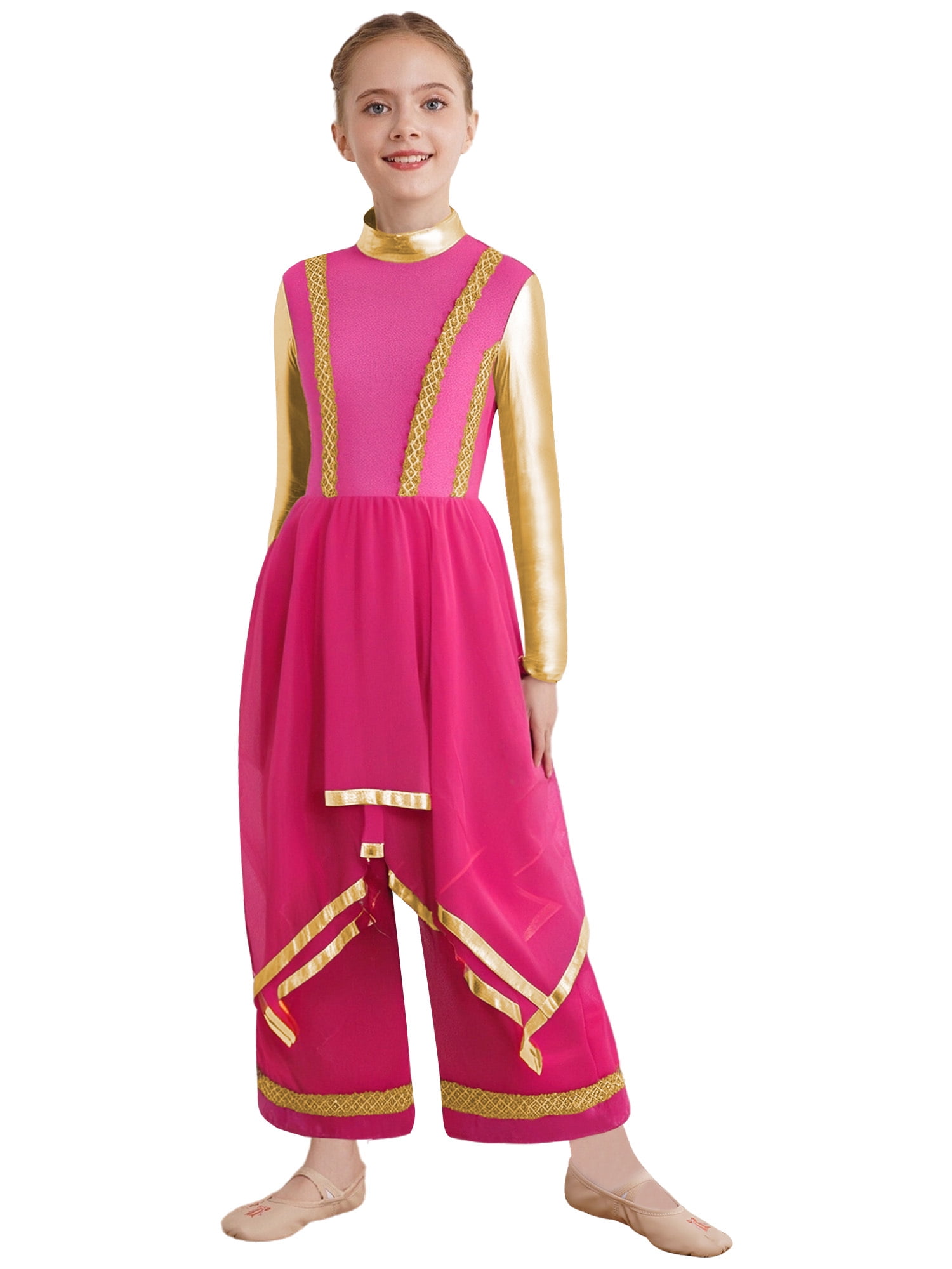 inlzdz Kids Girls Lyrical Praise Dance Outfit Long Sleeve Irregular Hem Worship Gold Trim Dress ...