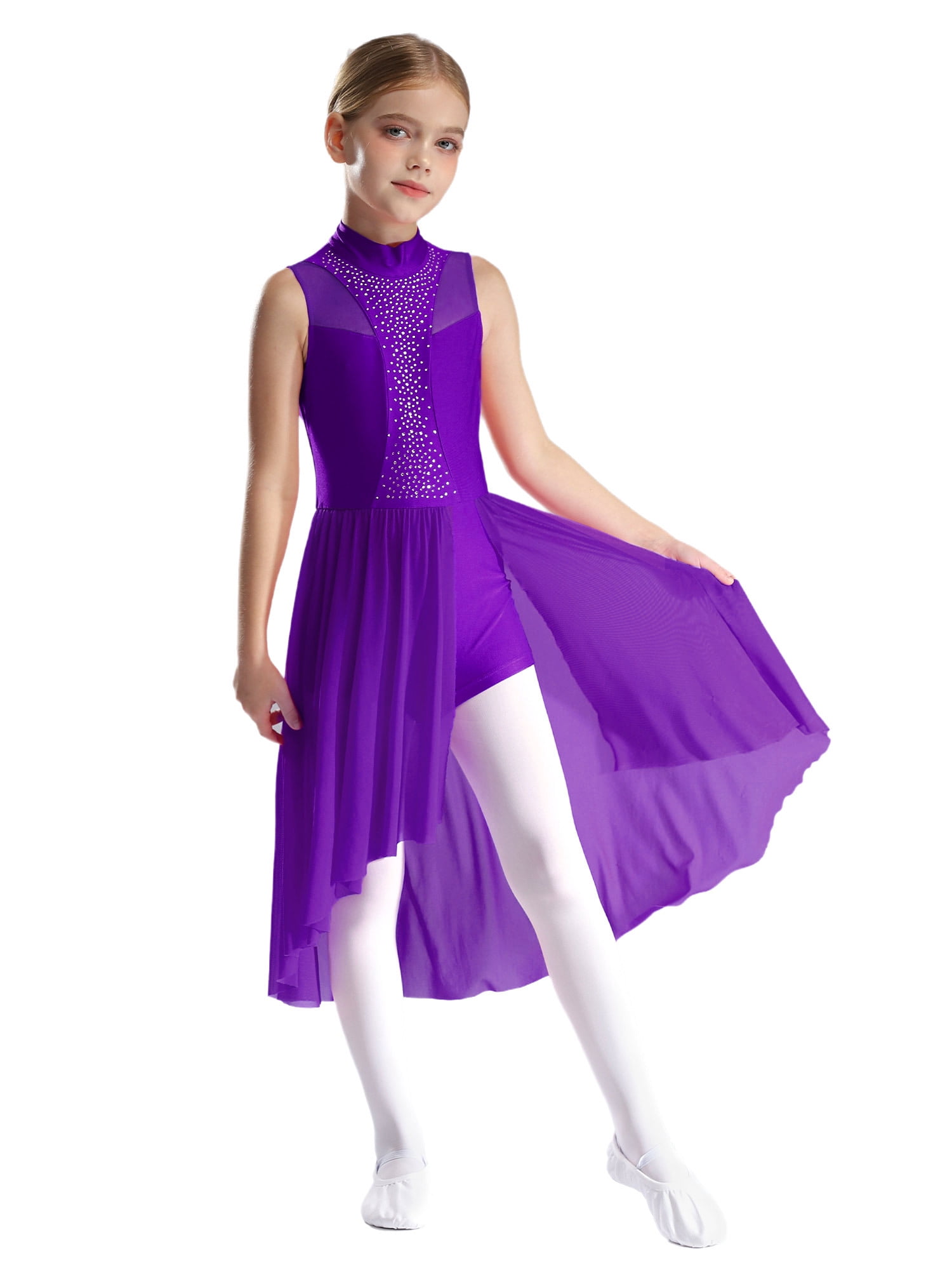 inlzdz Kids Girls Modern Lyrical Dance Dress Sparkly Sleeveless Skirted ...