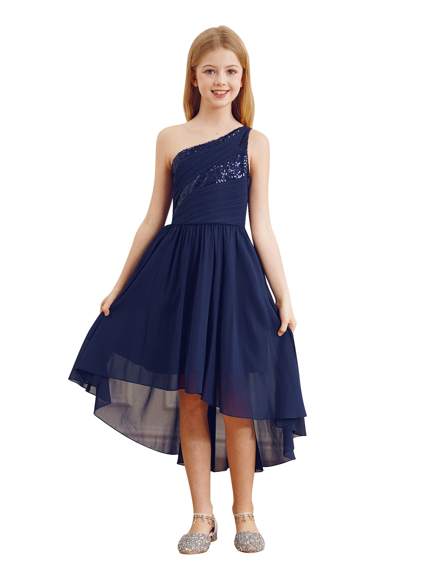 inlzdz Kids Girls One Shoulder Sequins Formal Dress High Low Hem Ball ...