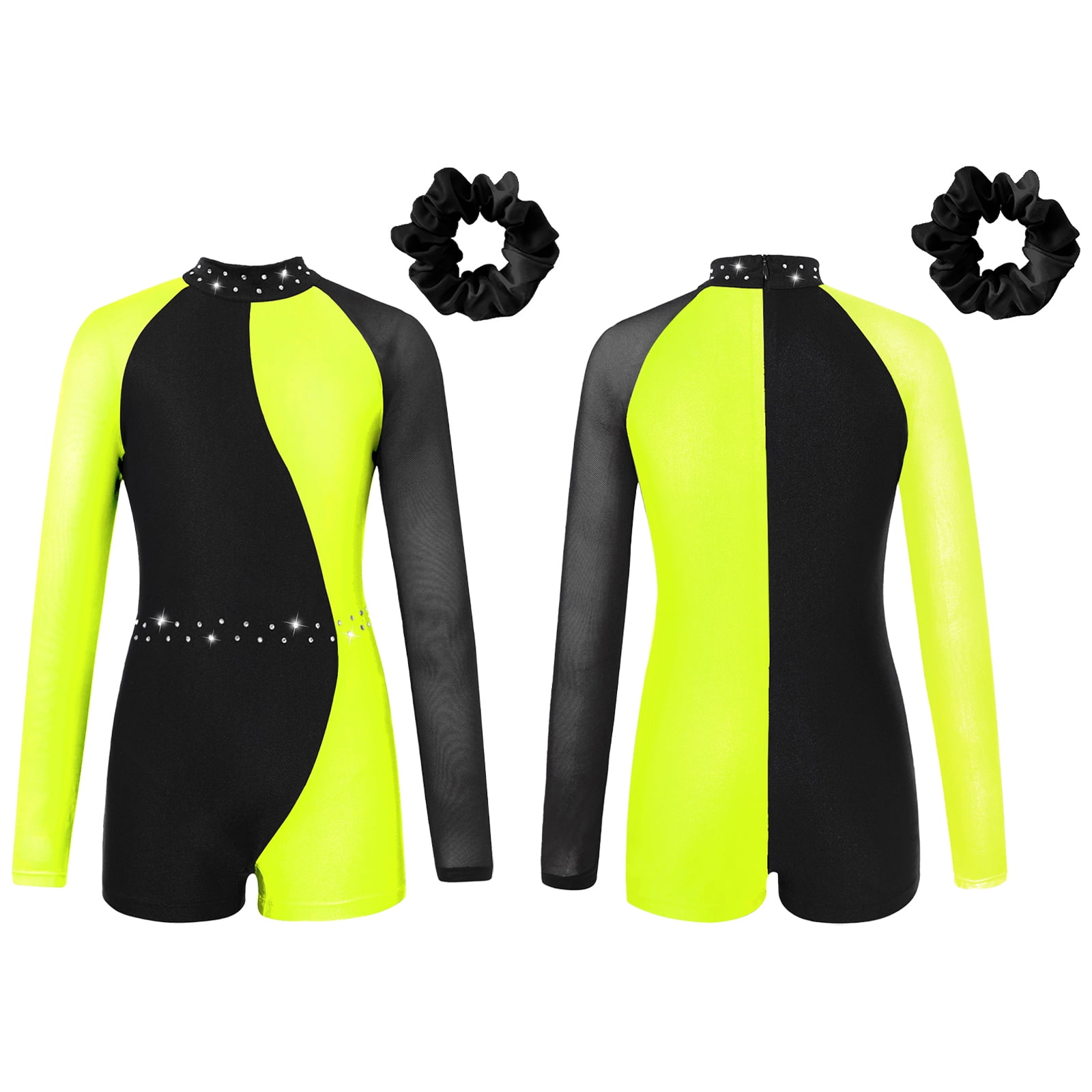 inlzdz Long Sleeve Color Block Gymnastics Leotards for Girls Sparkle ...