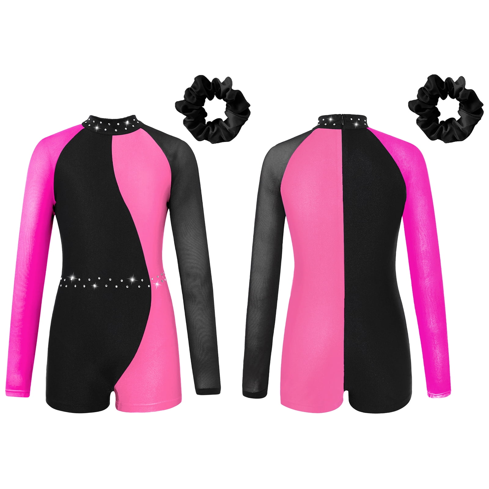 inlzdz Long Sleeve Color Block Gymnastics Leotards for Girls Sparkle ...
