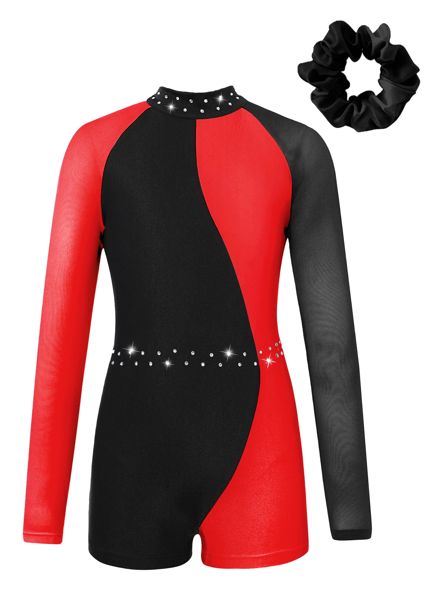 inlzdz Long Sleeve Color Block Gymnastics Leotards for Girls Sparkle ...