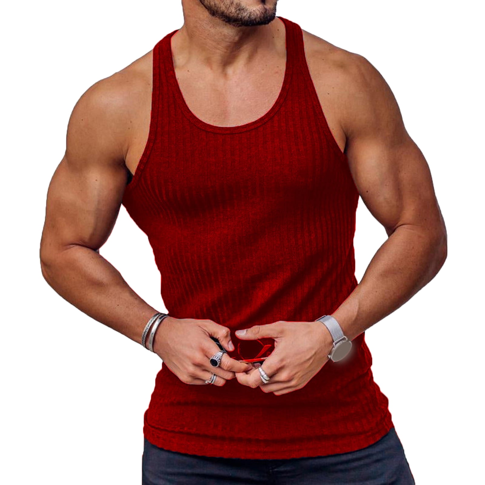 inlzdz Men's Gym Tank Top Ribbed Knit Vest Athletic Stringer Muscle Tops Sleeveless Workout ...