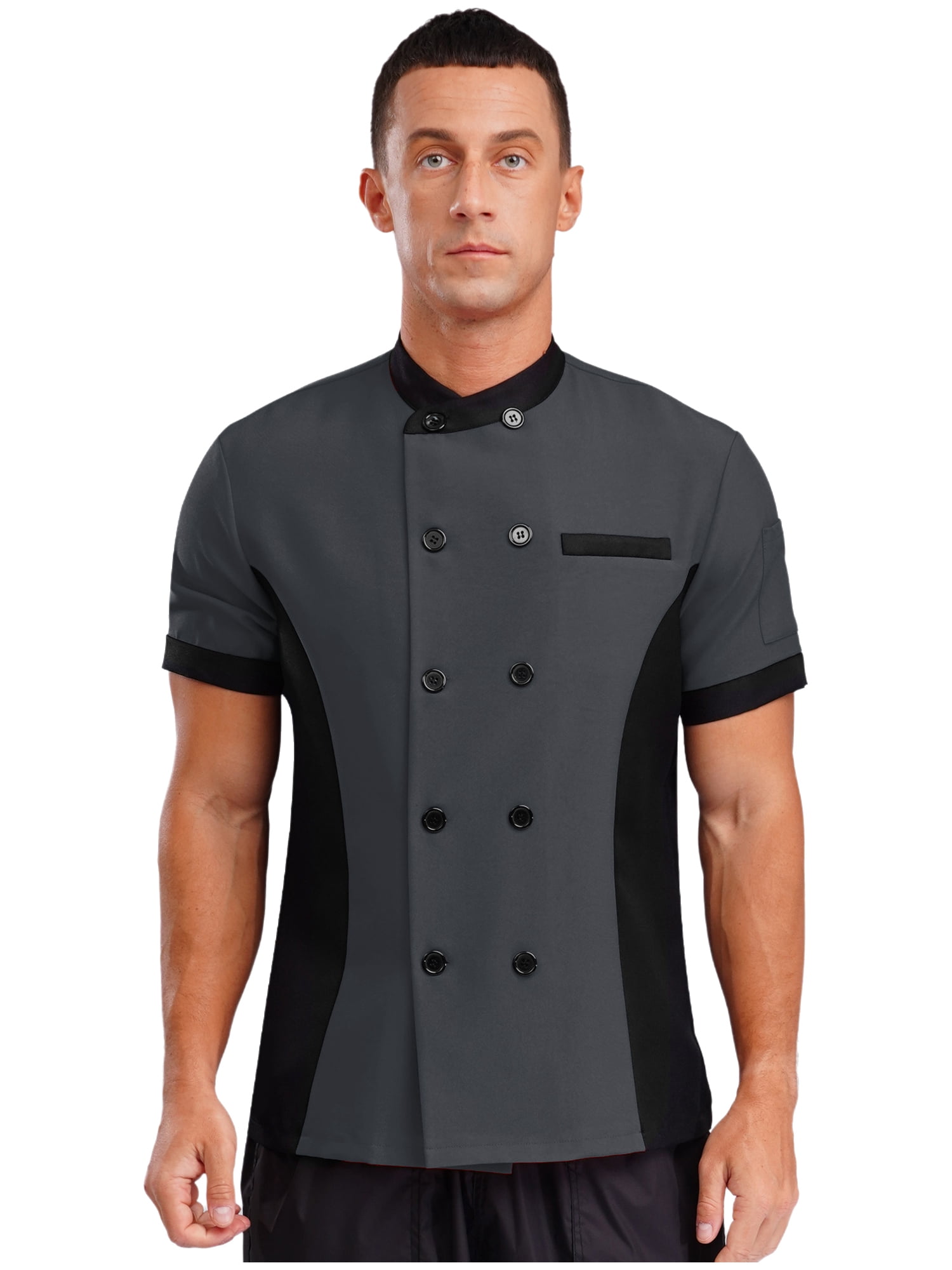 inlzdz Men's Kitchen Work Jacket Top Short Sleeve Color Block Chef Coat ...