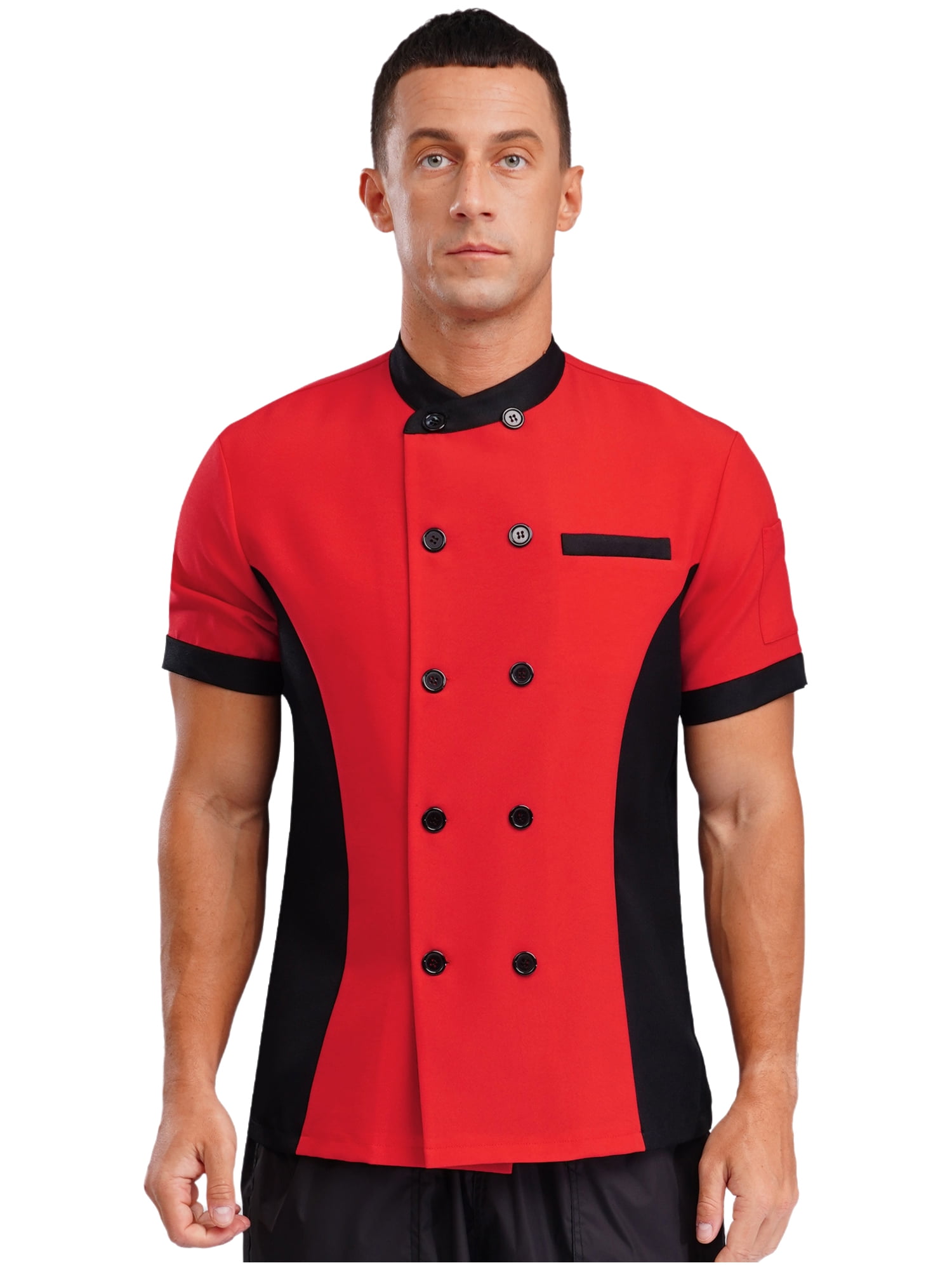 inlzdz Men's Kitchen Work Jacket Top Short Sleeve Color Block Chef Coat ...