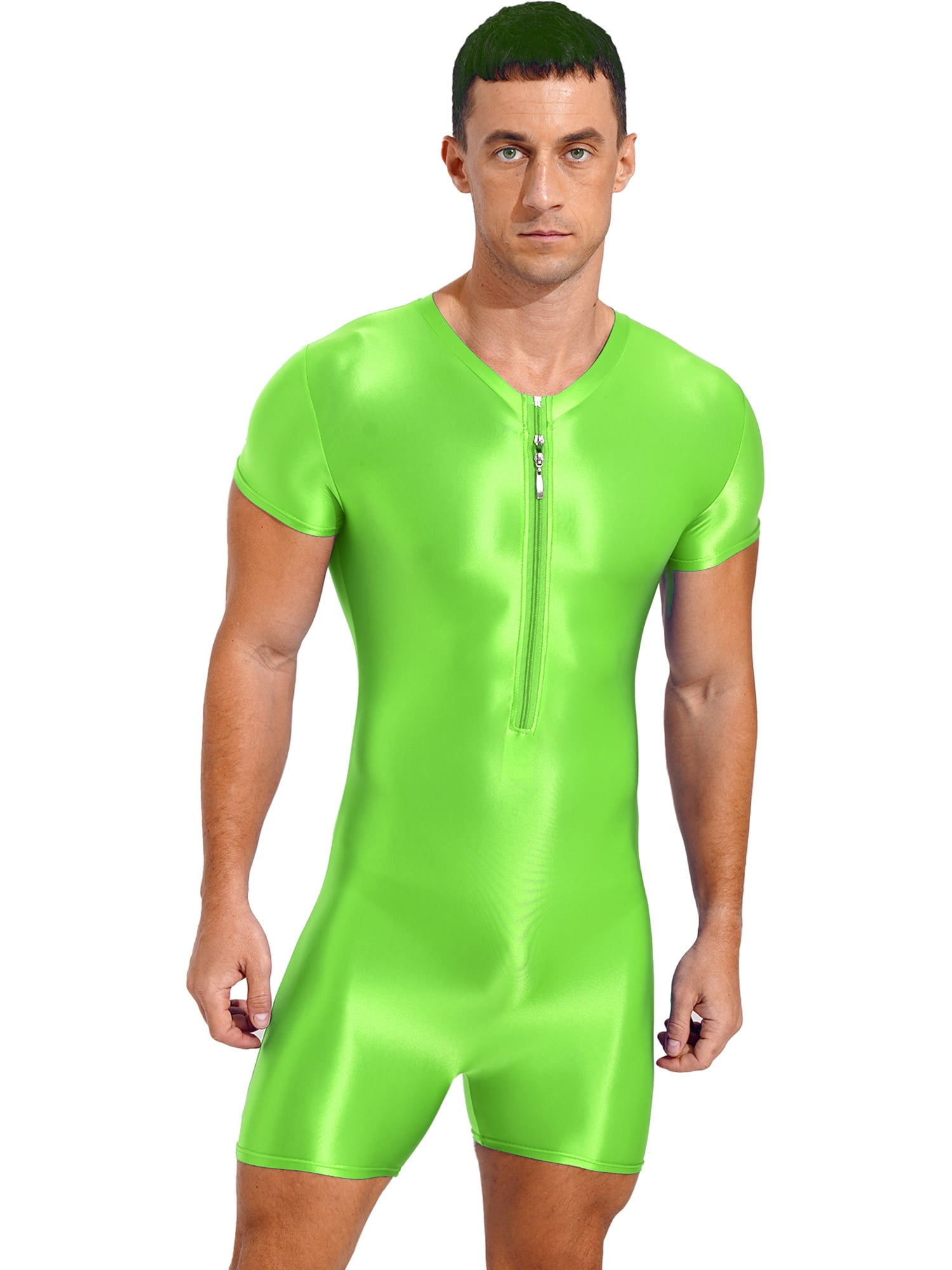 inlzdz Mens Glossy One Piece Swimsuits Zipper Front Shorts Jumpsuit ...