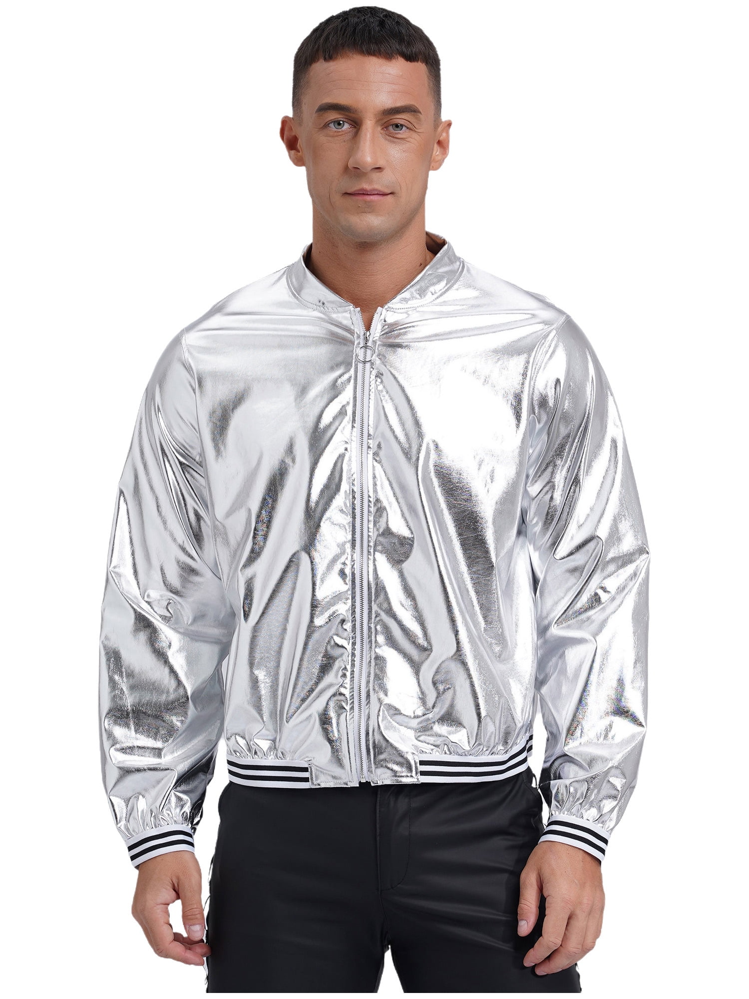 inlzdz Mens Shiny Metallic Bomber Jackets Zip Up Outerwear for Disco ...