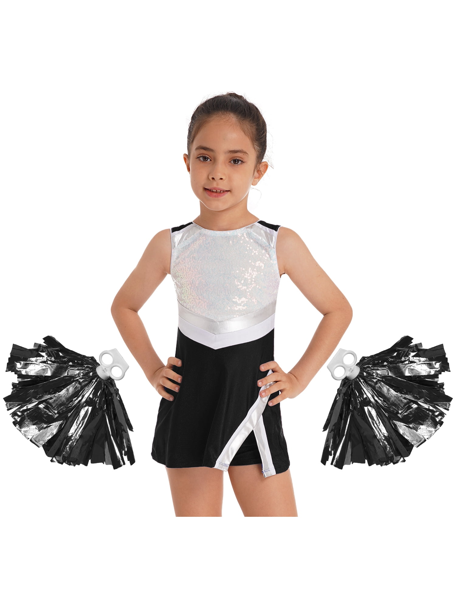 inlzdz Sparkle Cheerleading Outfit for Girls Teen Cheer Leader Uniform Dance Dress with Pom Poms ...