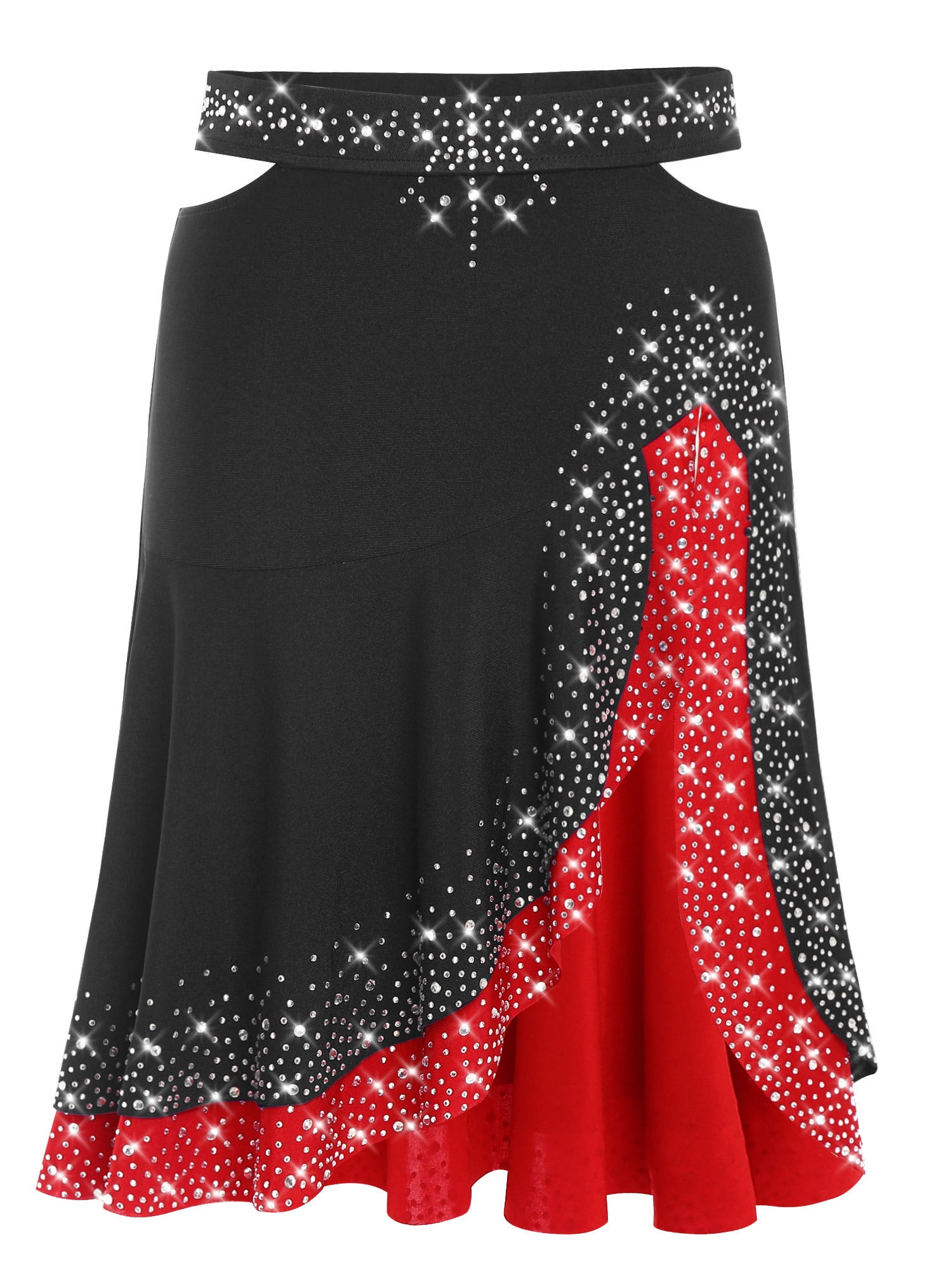 inlzdz Women Jazz Latin Dance Skirt Rhinestone Color Contrast Ruffle ...