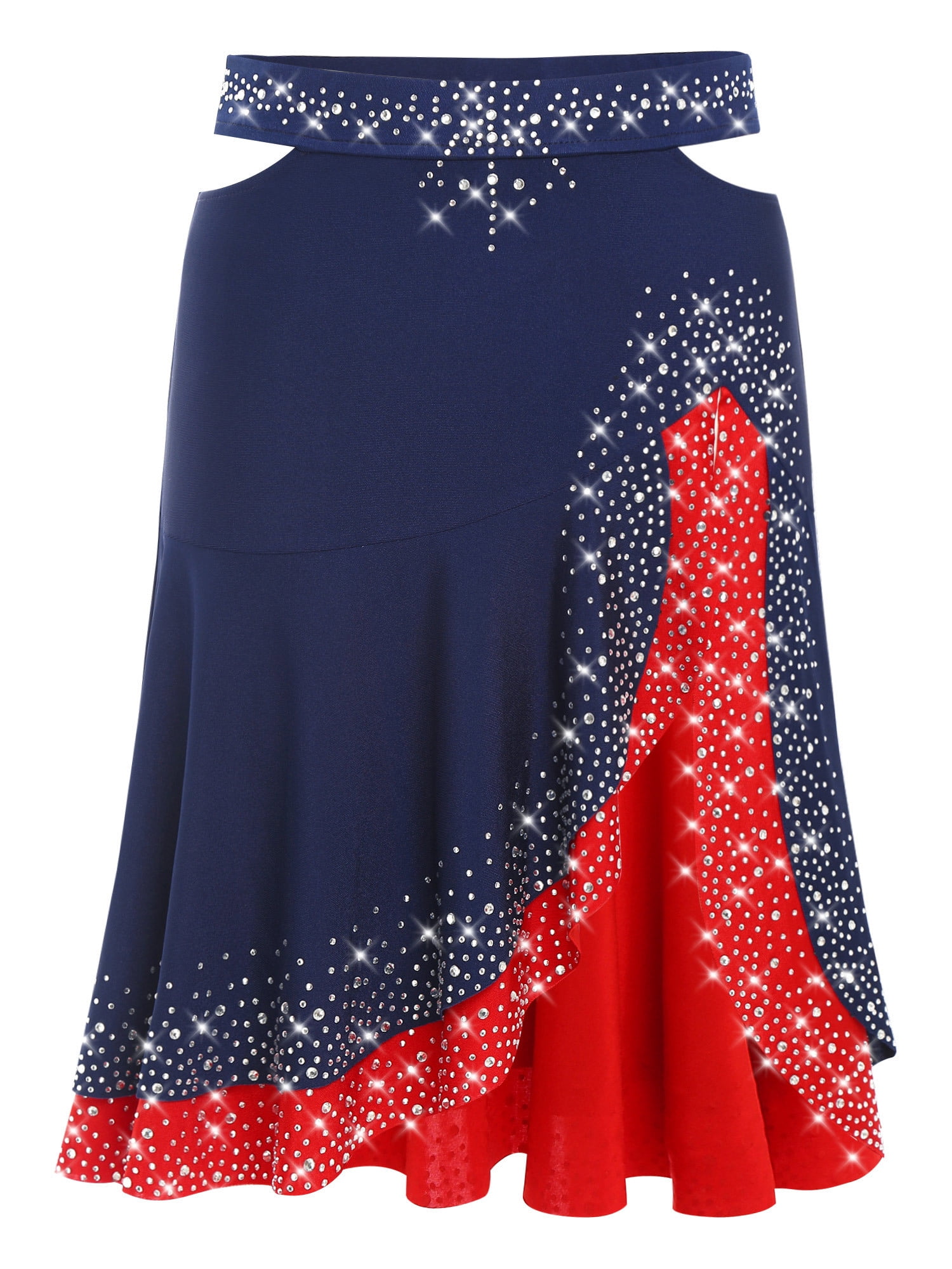 inlzdz Women Jazz Latin Dance Skirt Rhinestone Color Contrast Ruffle ...