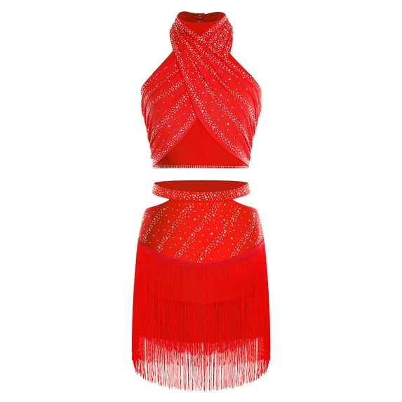 inlzdz Women Latin Dance Set Rhinestones Crop Top Fringe Short Skirts ...