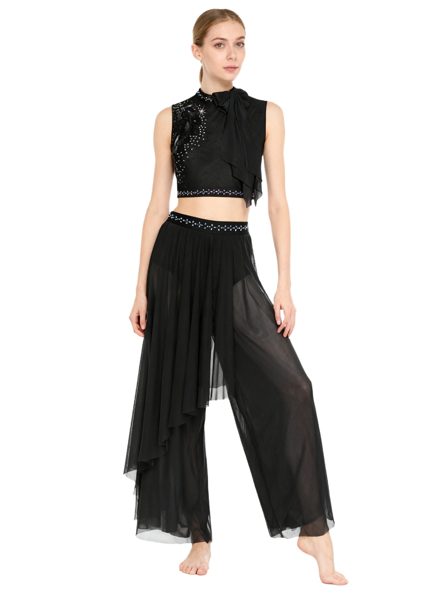 inlzdz Women Lyrical Dance Suit Sleeveless Mesh Top Wide Leg Pants 2 ...