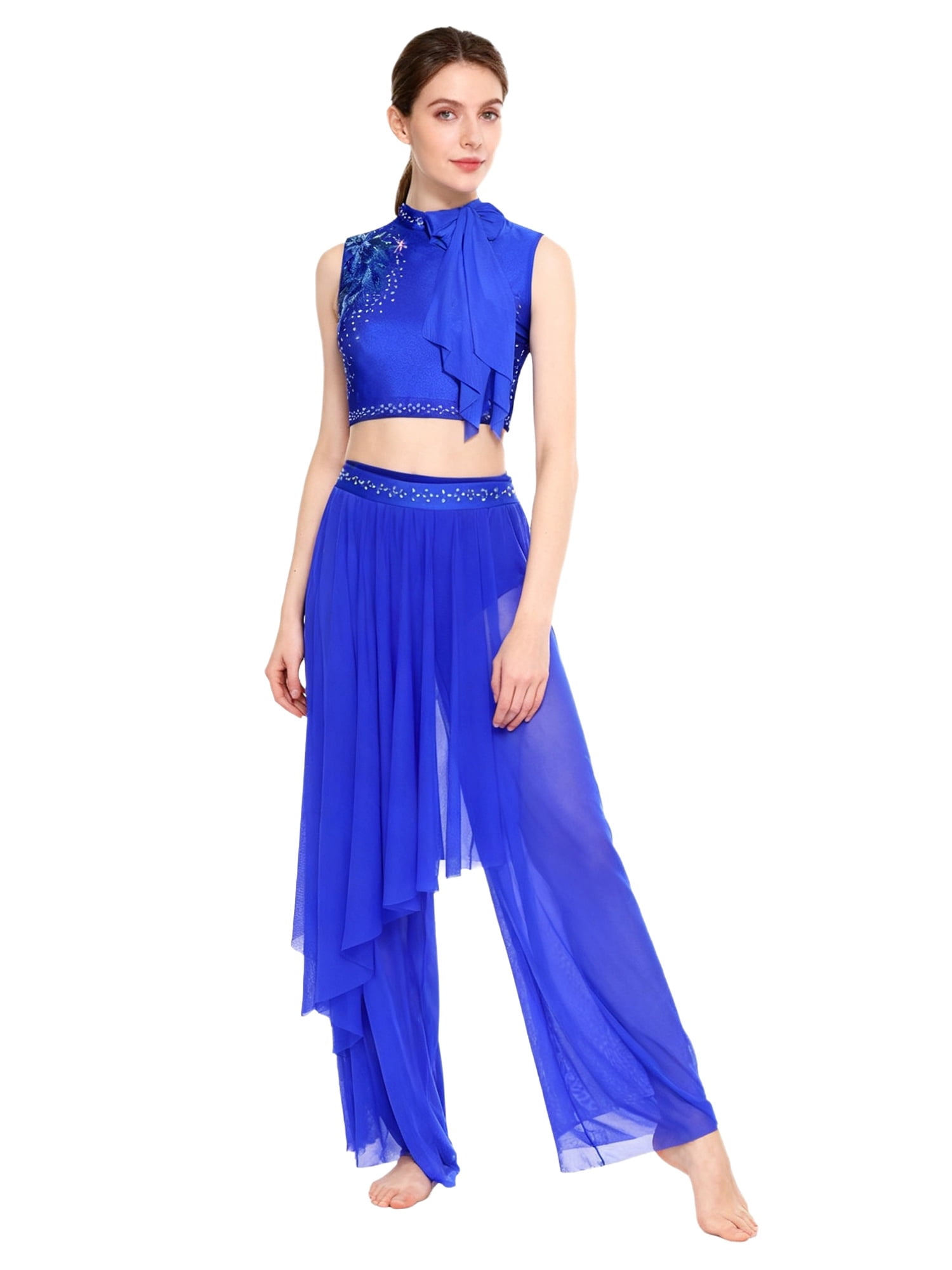 inlzdz Women Lyrical Dance Suit Sleeveless Mesh Top Wide Leg Pants 2 ...