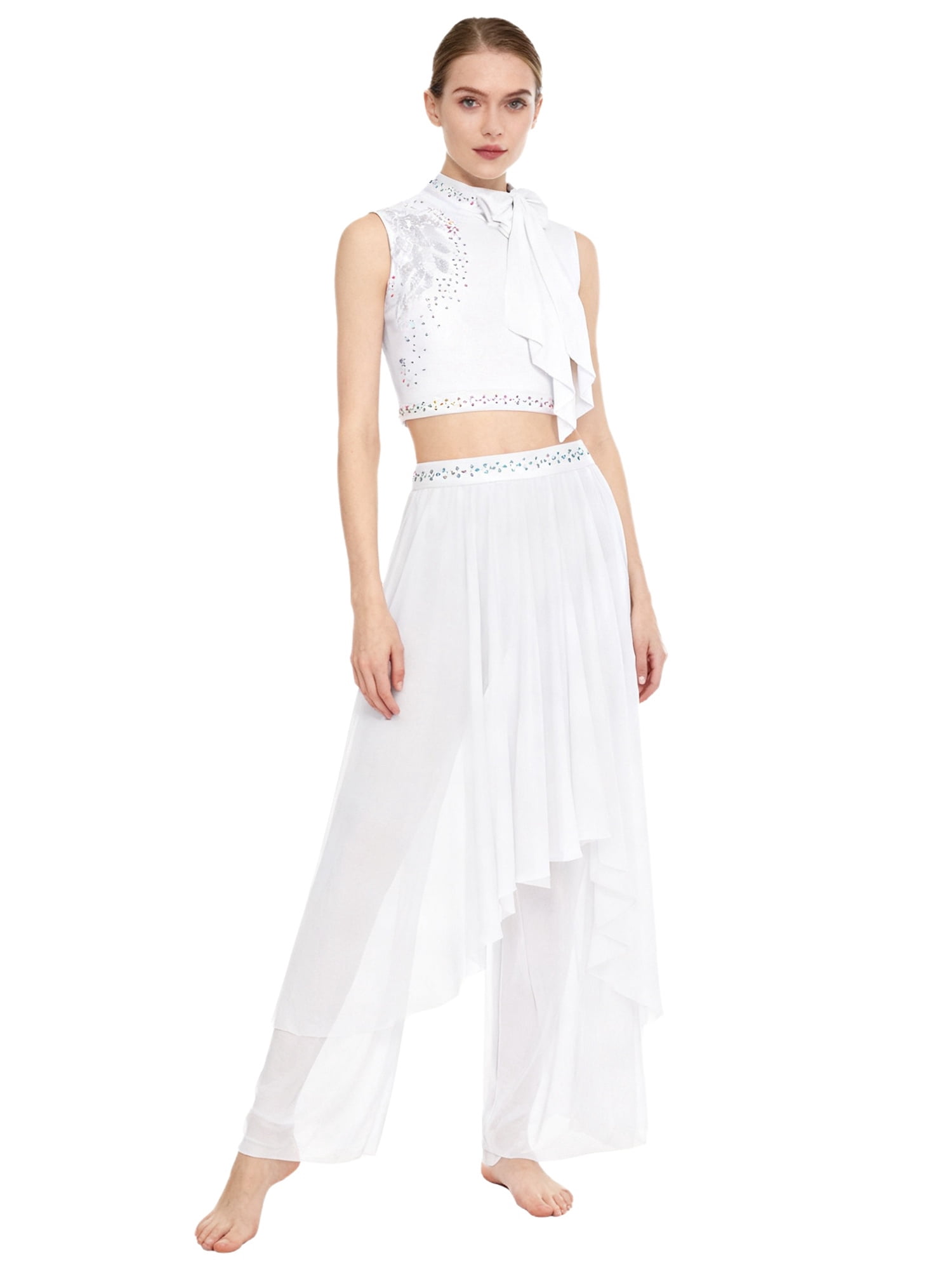 inlzdz Women Lyrical Dance Suit Sleeveless Mesh Top Wide Leg Pants 2 ...