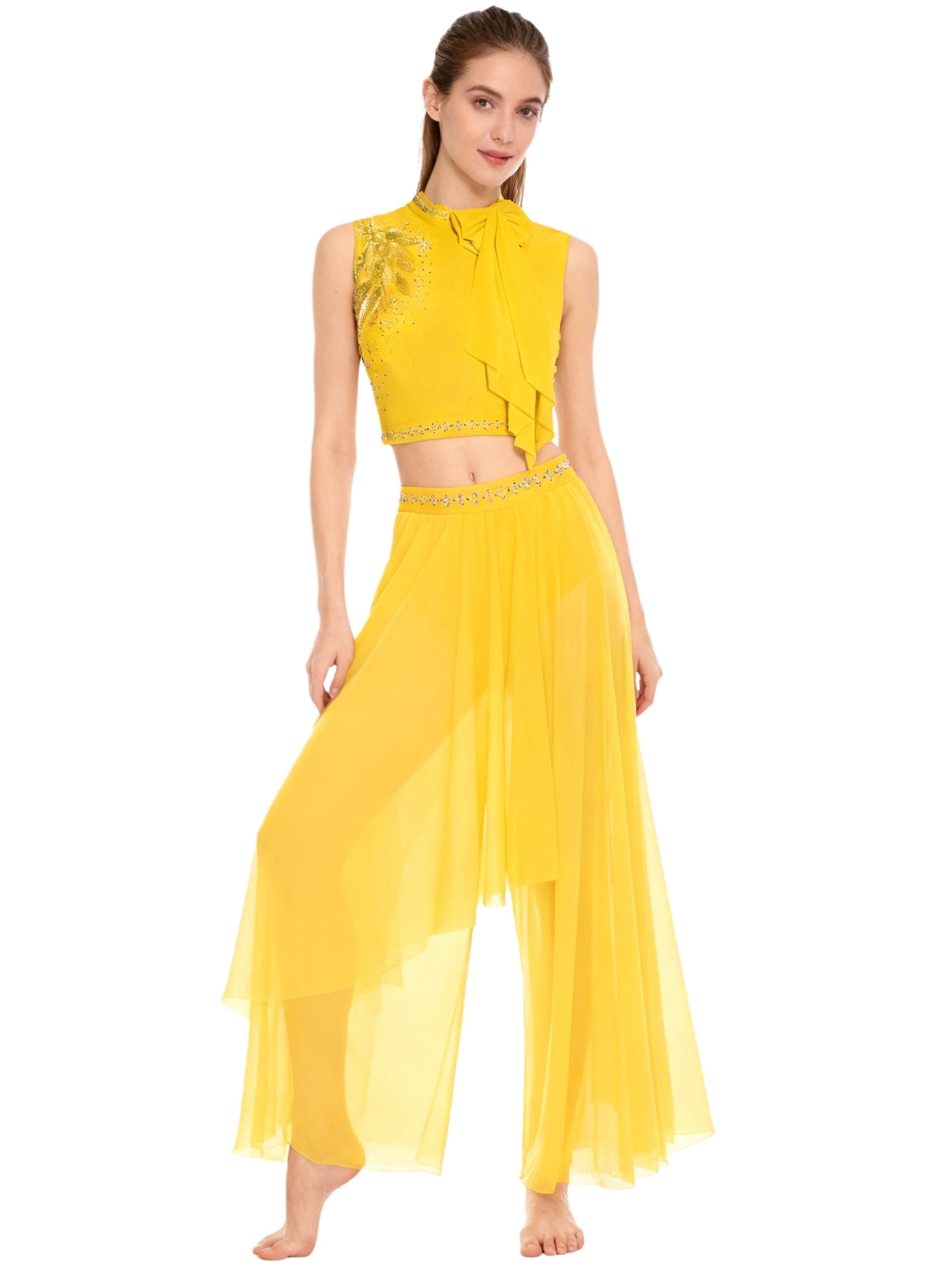 inlzdz Women Lyrical Dance Suit Sleeveless Mesh Top Wide Leg Pants 2 ...