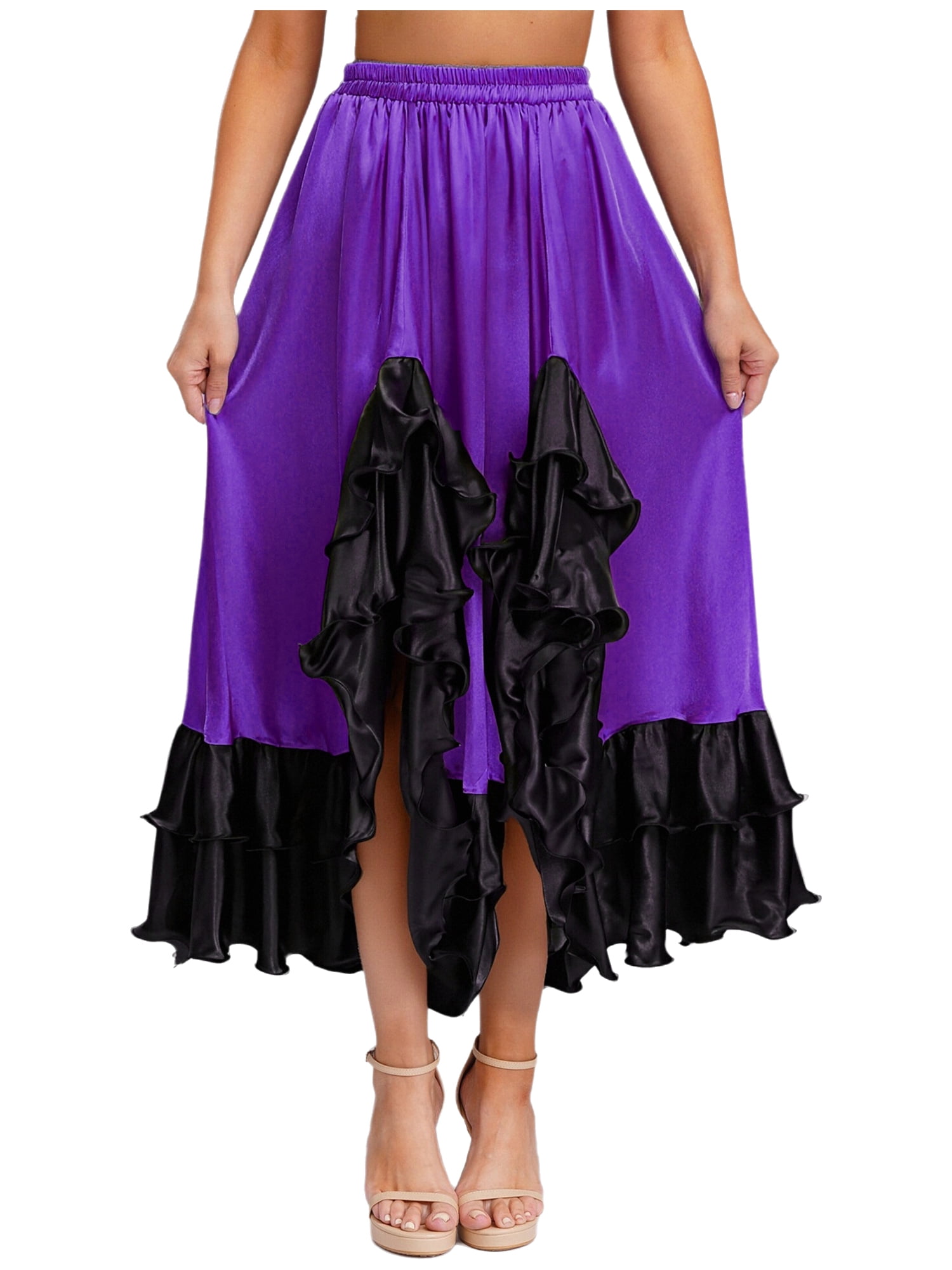 inlzdz Women Spanish Flamenco Dance Skirt Ruffle Trim Irregular Hem Big ...